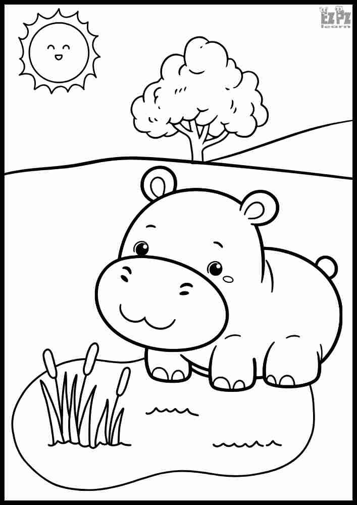 Cute Hippo in a Pond Online Coloring. Interactive Coloring Activity ...