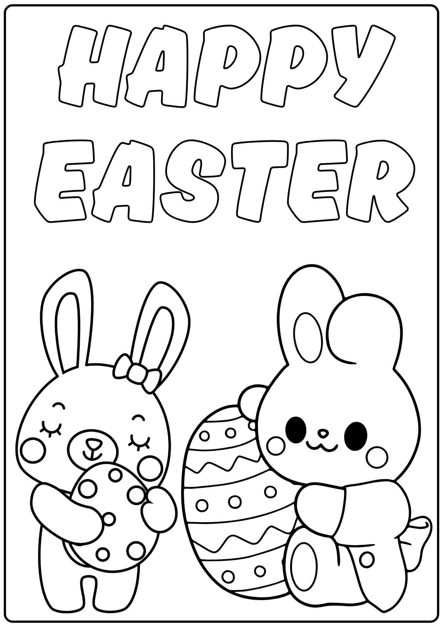 Happy Easter Coloring Page Bunnies with Eggs - Ezpzlearn.com