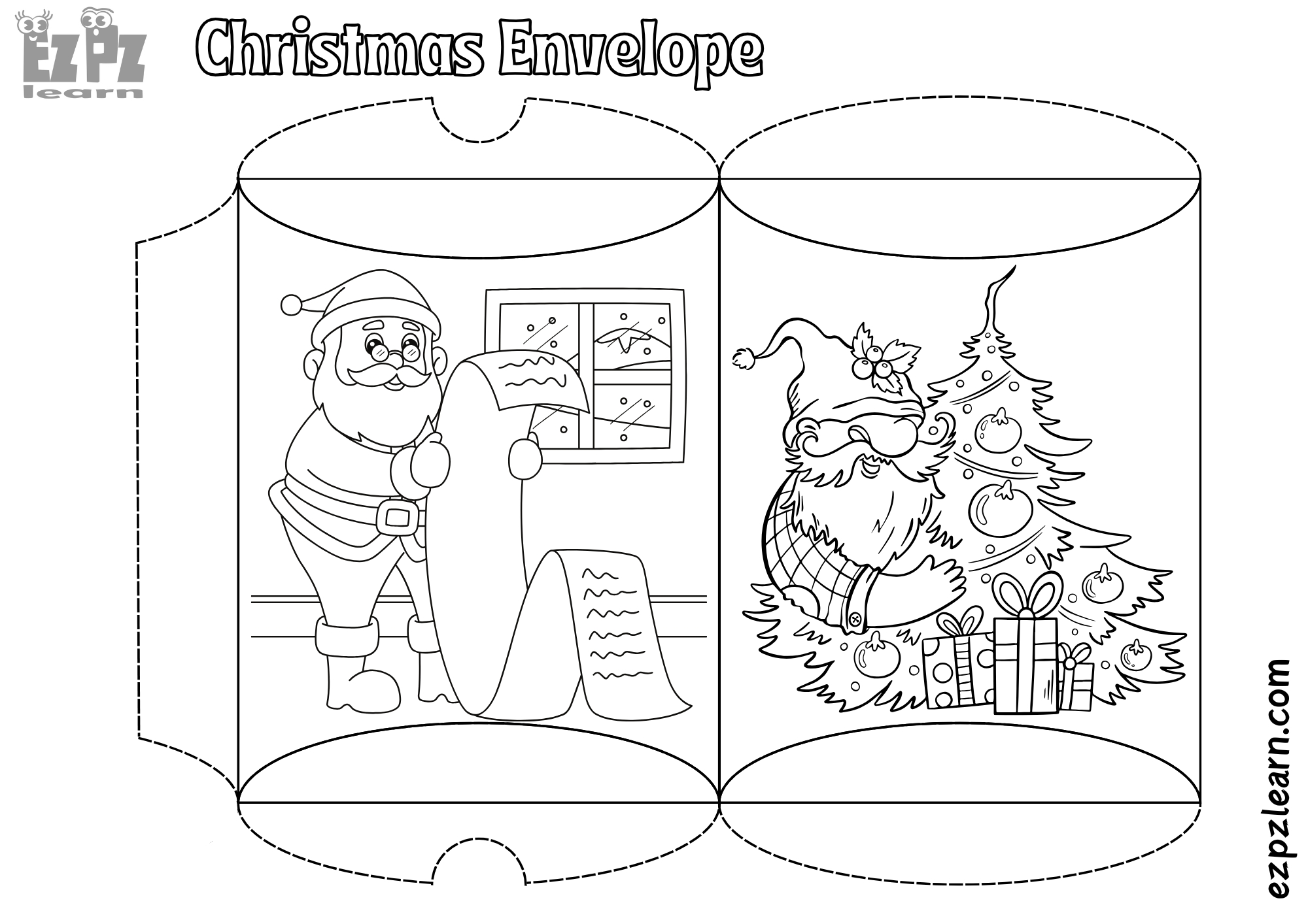 Santa Cluas Christmas Envelope Cut and Color Craft - Ezpzlearn.com