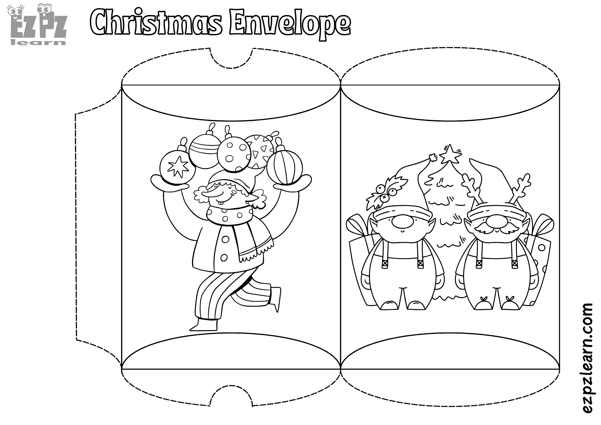 Elves Christmas Envelope Cut and Color Craft - Ezpzlearn.com