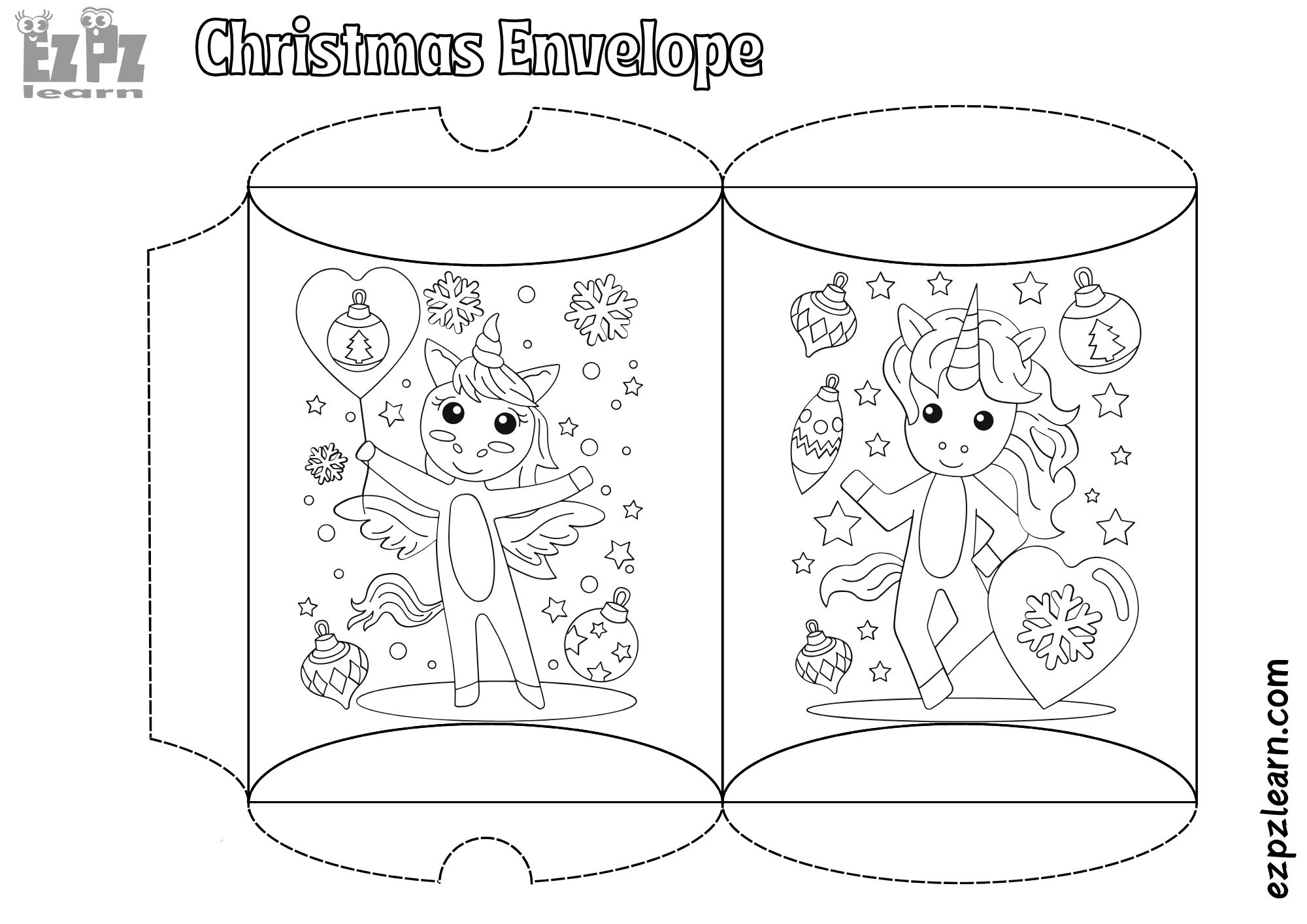 Unicorn Christmas Coloring Craft Cut and Color Envelope - Ezpzlearn.com