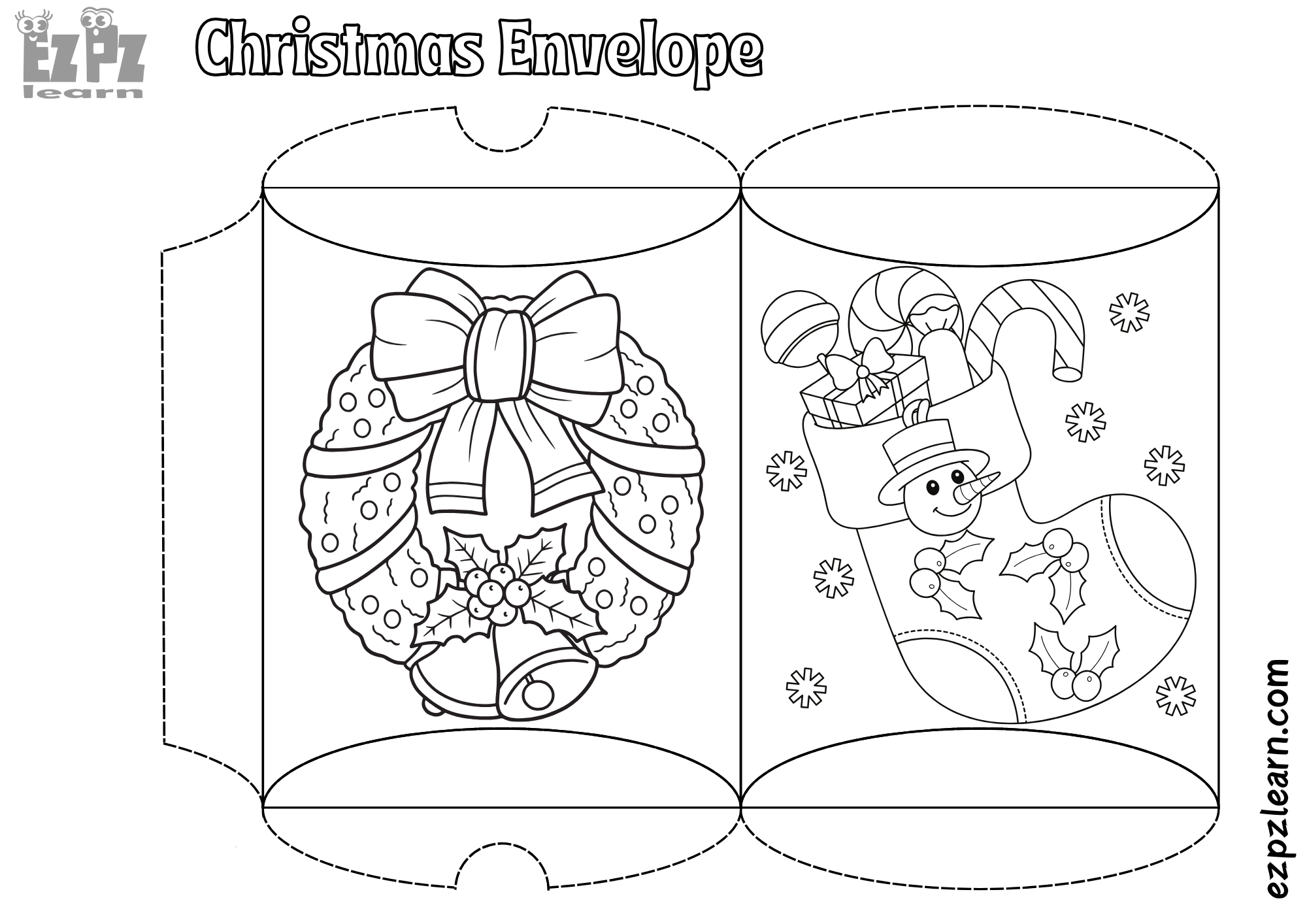 Stocking and Wreath Christmas Coloring Craft Cut and Color Envelope ...