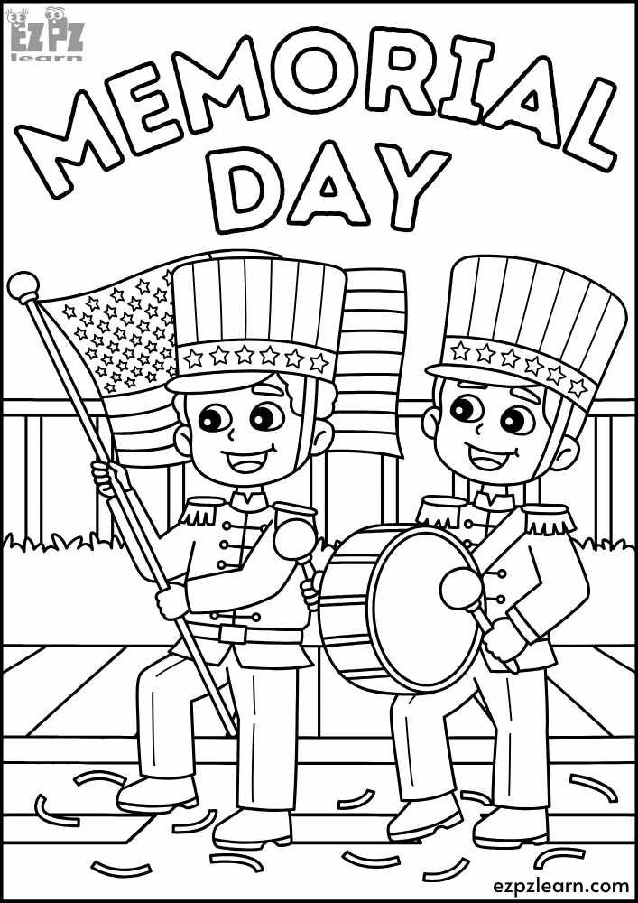 Patriotic Memorial Day coloring page with two boys marching jone with a ...