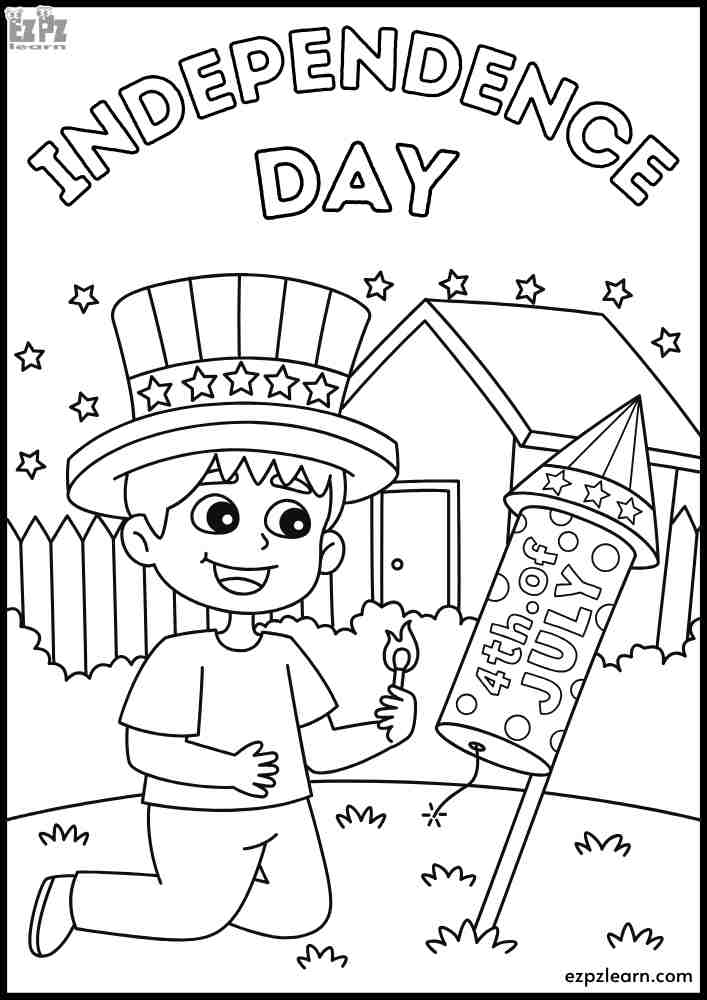 Independence Day Coloring Page of a Boy Lighting Fireworks PDF Download ...