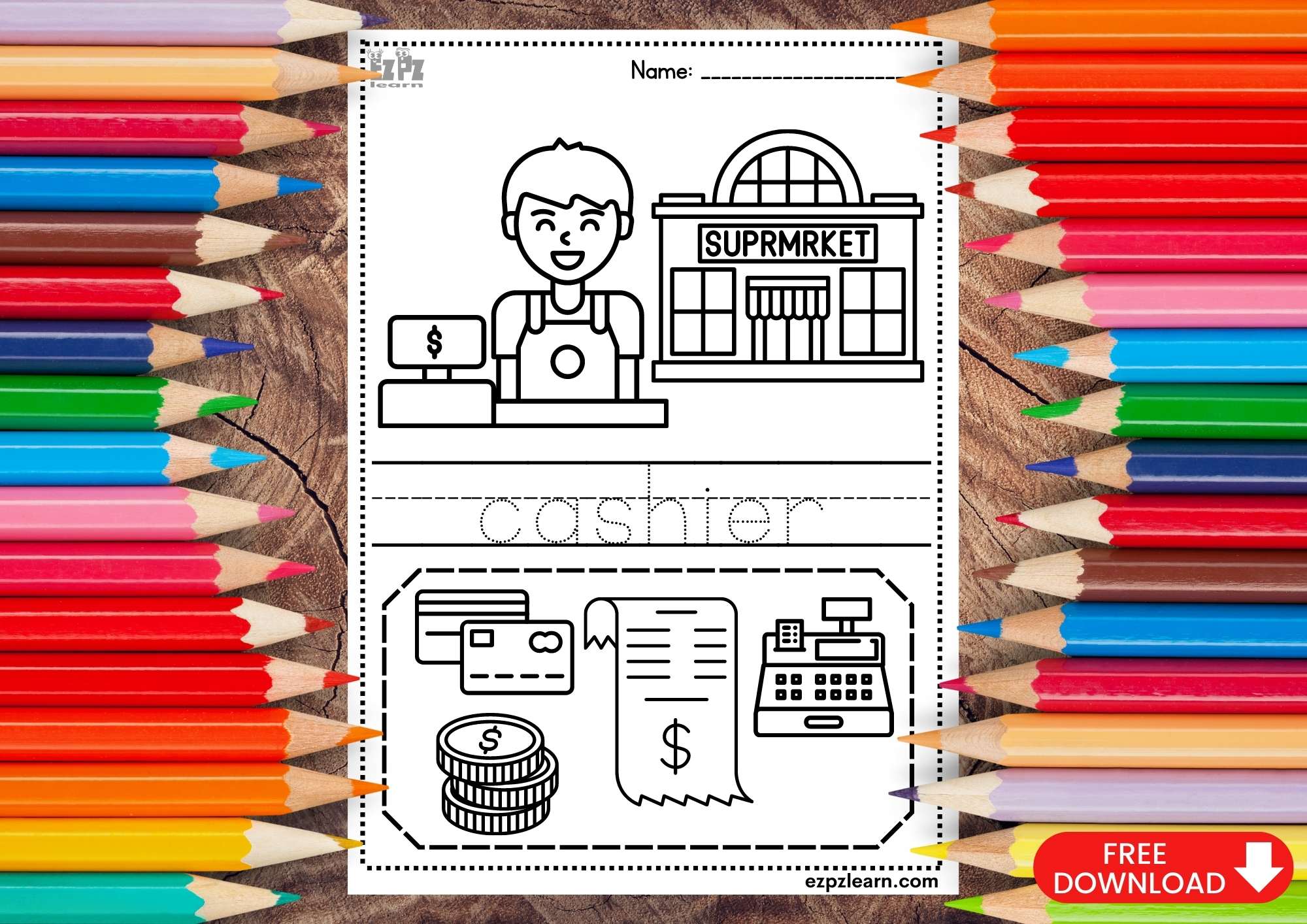 Cashier Coloring and Trace the Word Page - Ezpzlearn.com
