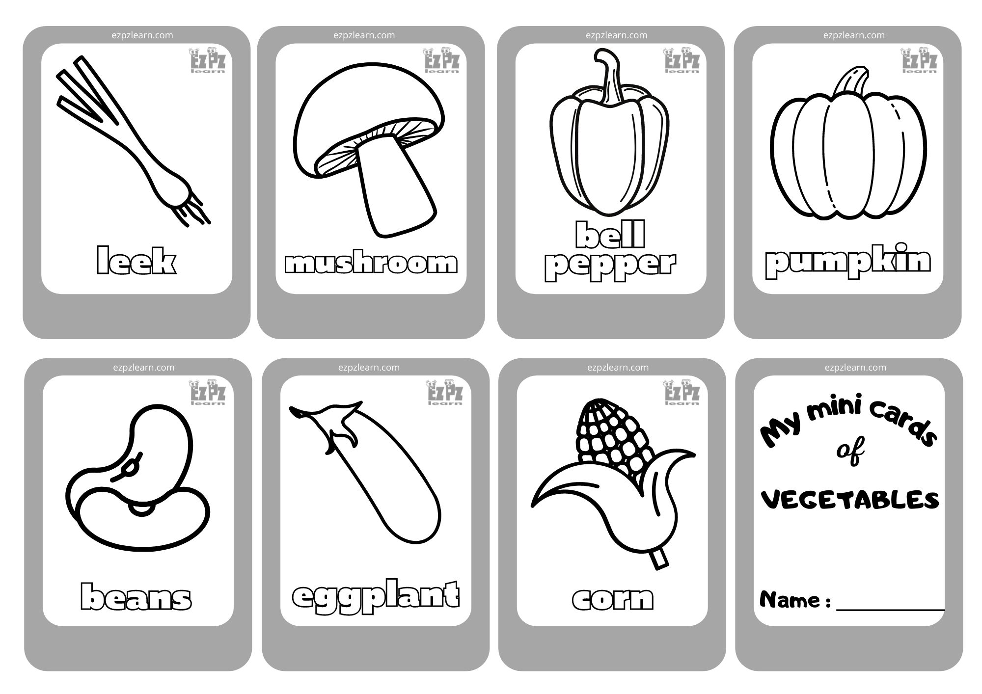 Vegetables Mini Cards Coloring - Ezpzlearn.com