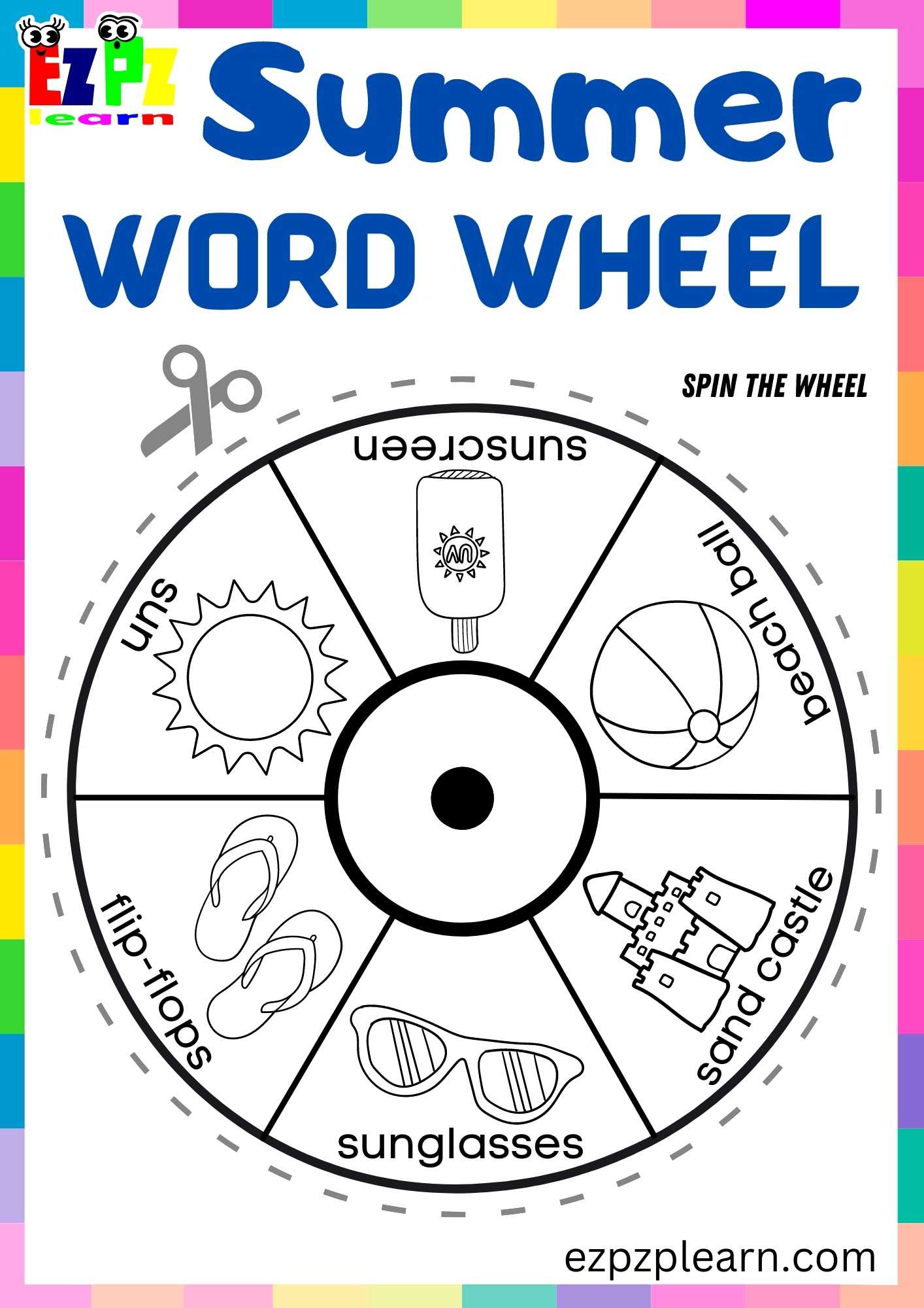 Summer and Beach Coloring Word Wheel No1 Free PDF Download - Ezpzlearn.com