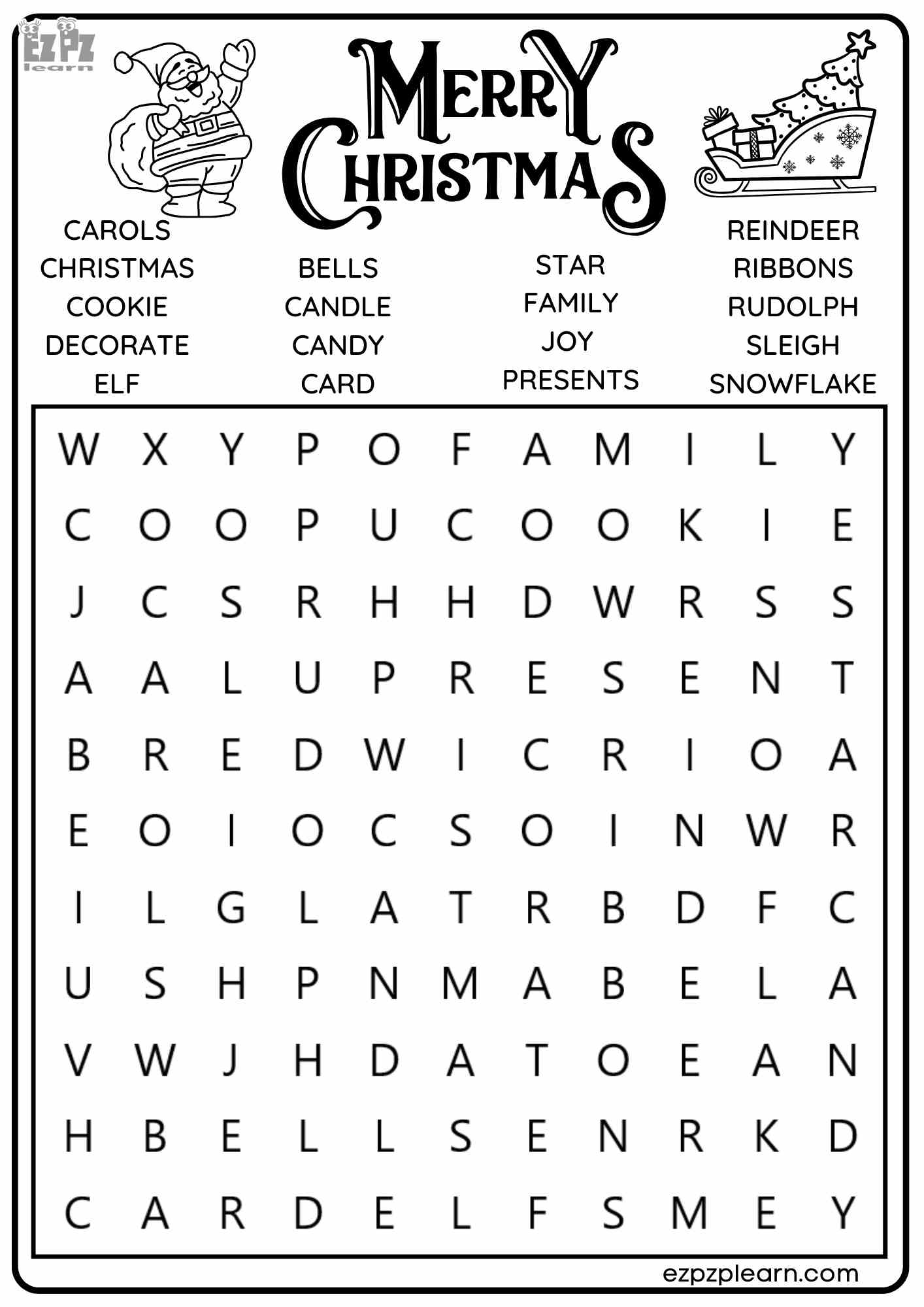 Christmas Vocabulary Word Search Activity for kids 18 Words - Ezpzlearn.com