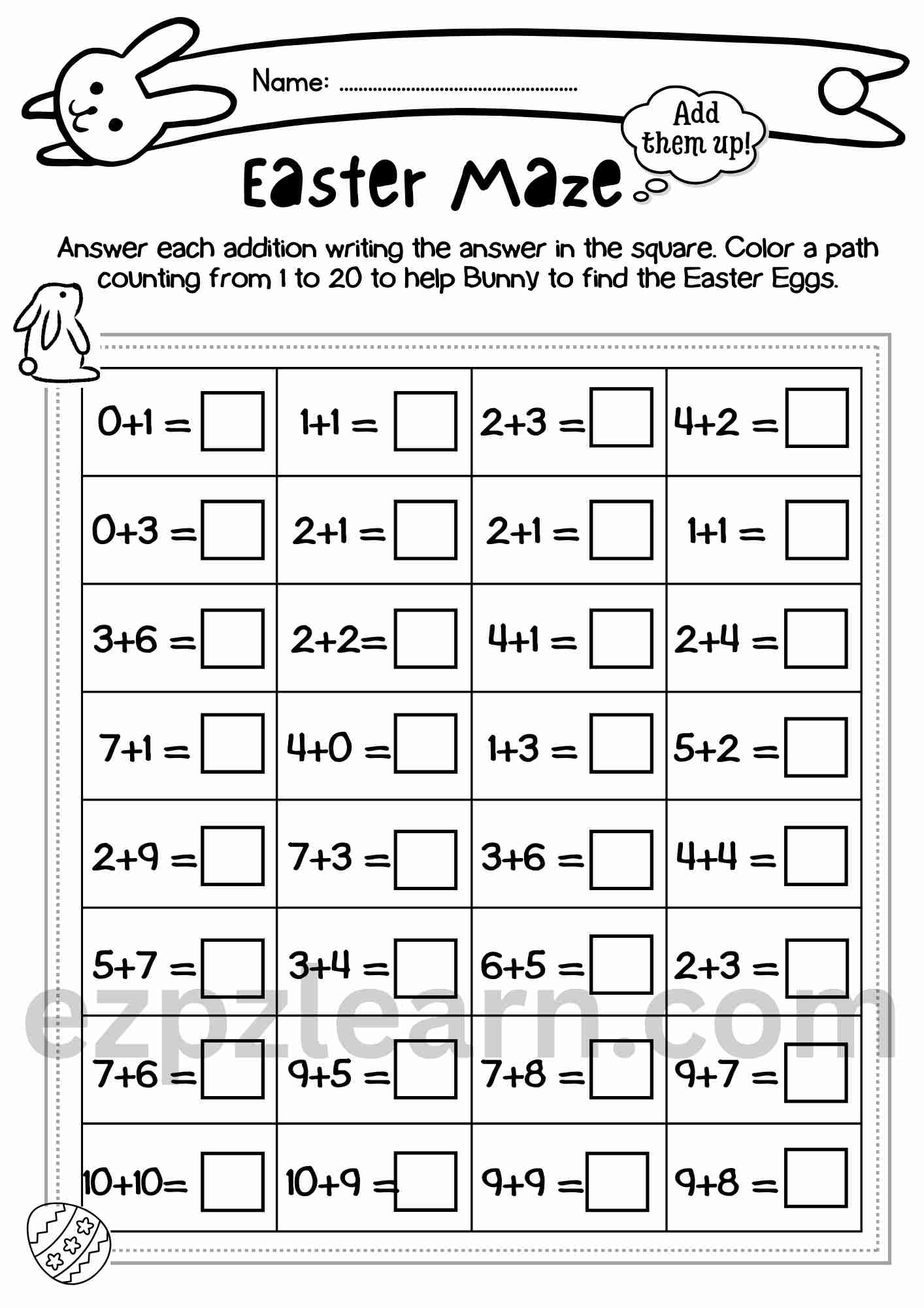 Easter Math Maze Answer each addition writing the answer in the square ...