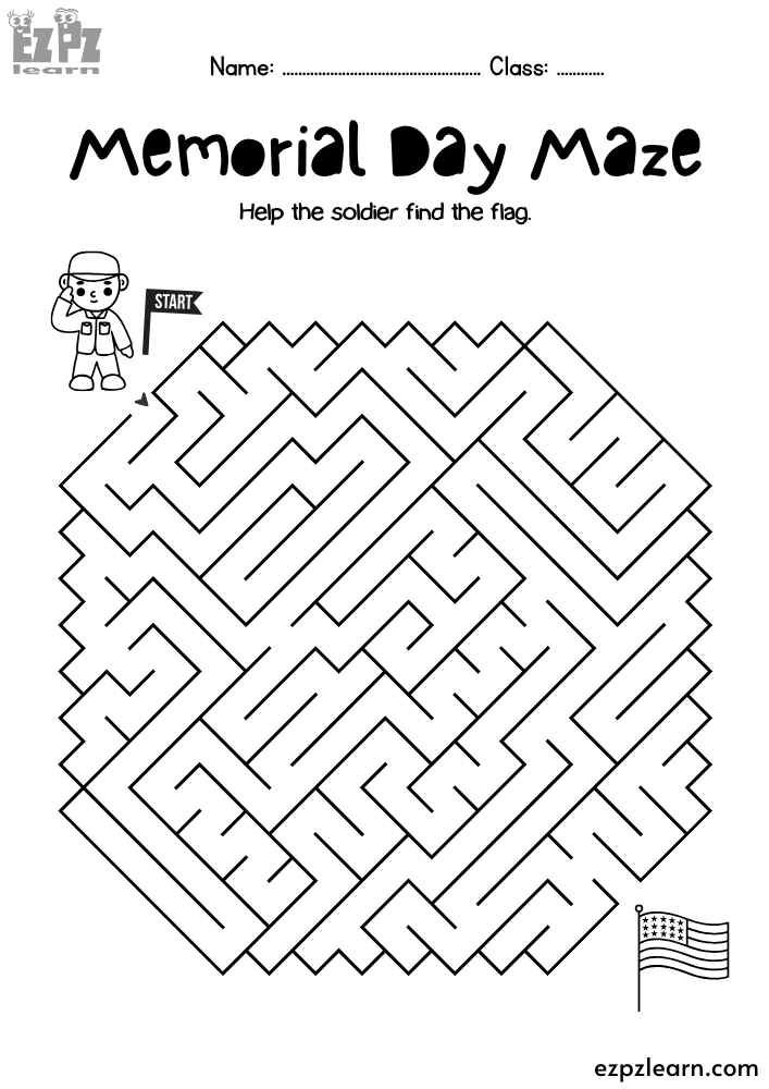 Fun patriotic maze - help the soldier reach the flag in this free PDF ...