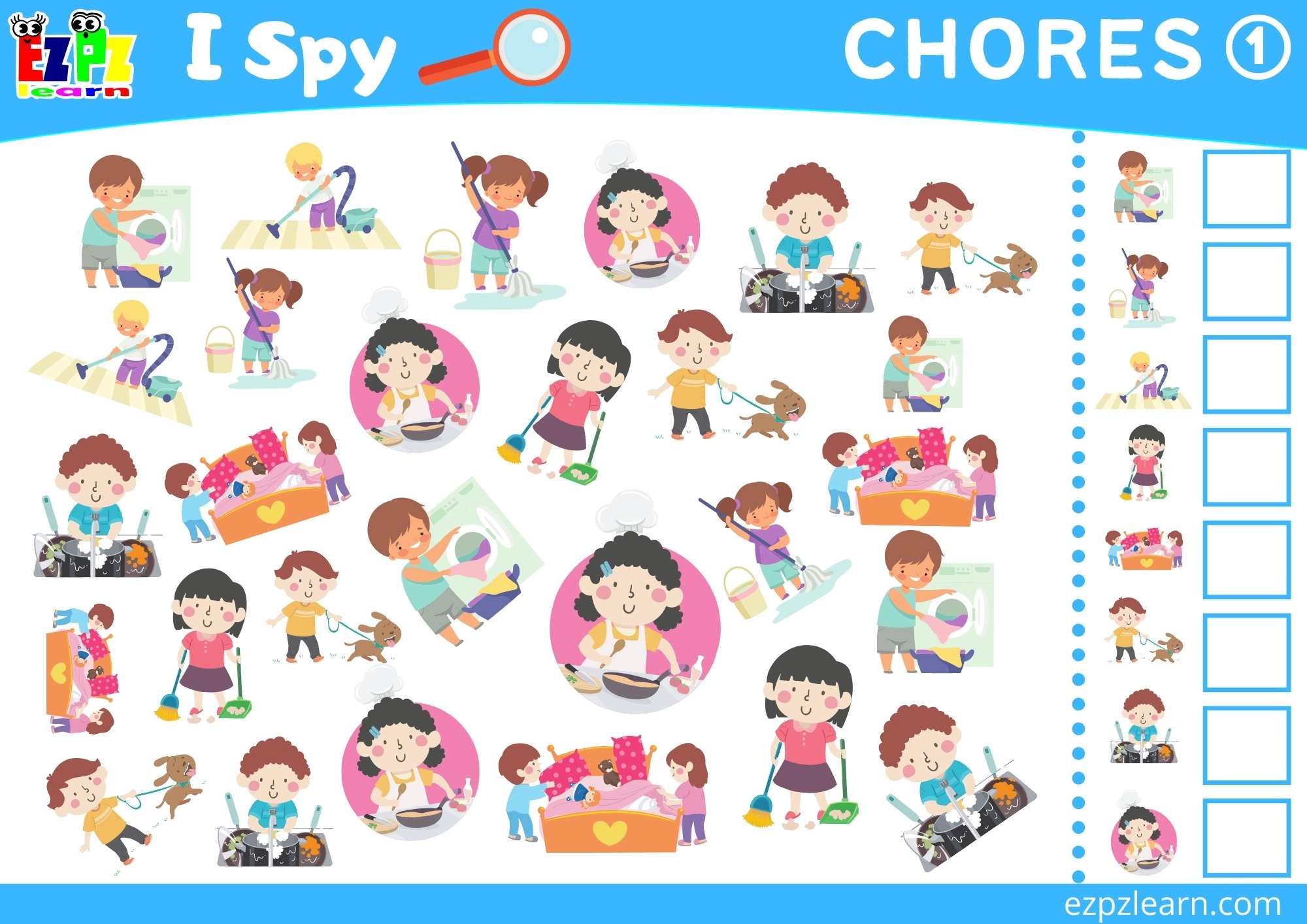 Chores 1 Topic I Spy Game for kids Free PDF Download - Ezpzlearn.com