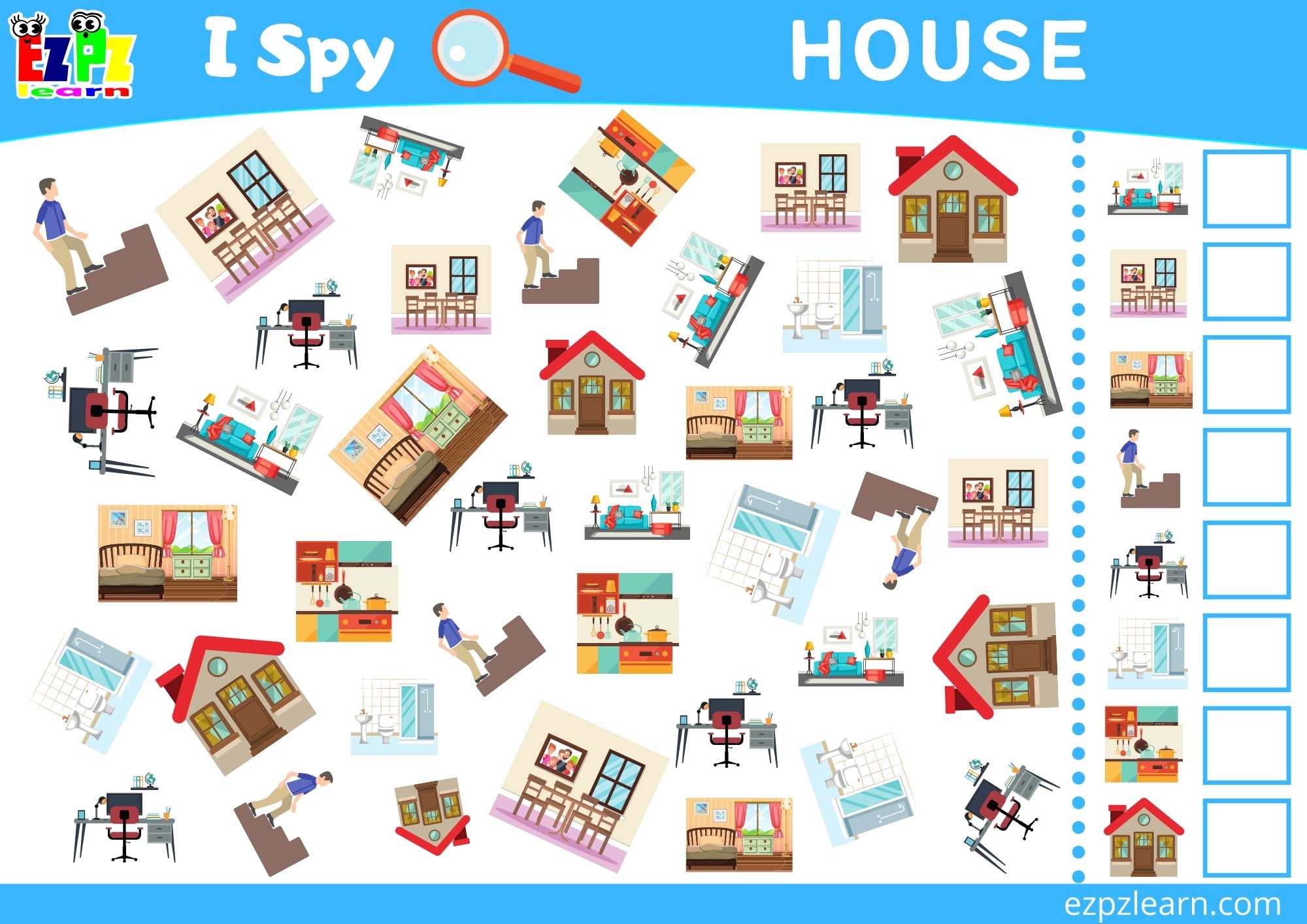 House Rooms Topic I Spy Game for kids Free PDF Download - Ezpzlearn.com