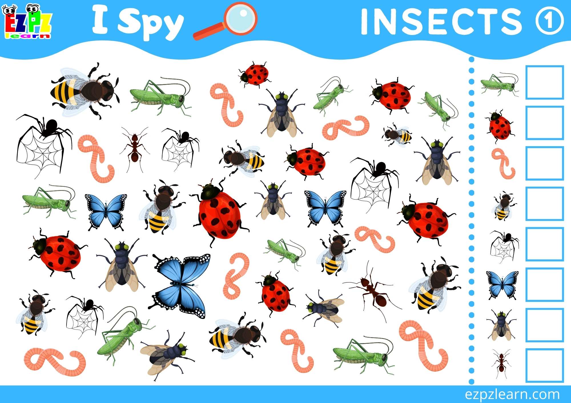Insects 1 Topic I Spy Game for kids Free PDF Download - Ezpzlearn.com