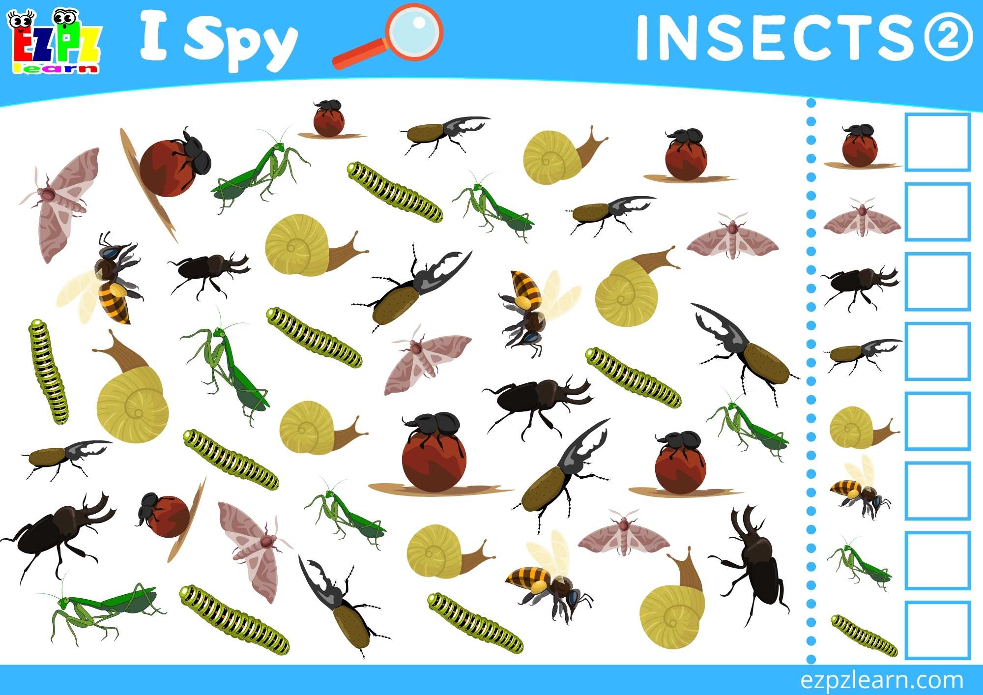 Insects 2 Topic I Spy Game for kids Free PDF Download - Ezpzlearn.com