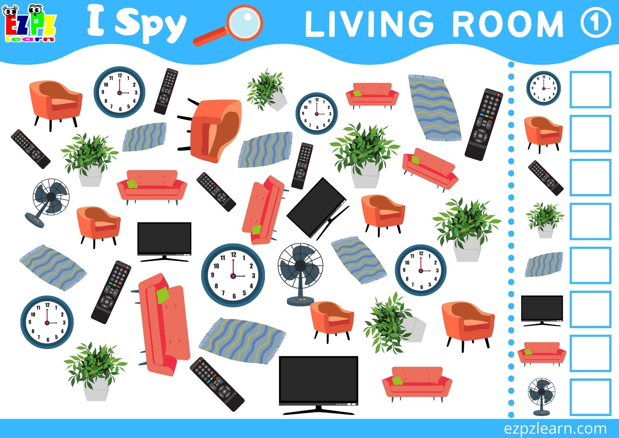 Living Room Topic I Spy Game for kids Free PDF Download - Ezpzlearn.com