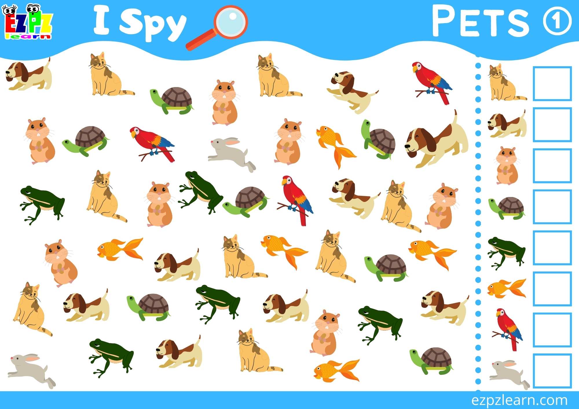 Pets 1 Topic I Spy Game for kids Free PDF Download - Ezpzlearn.com