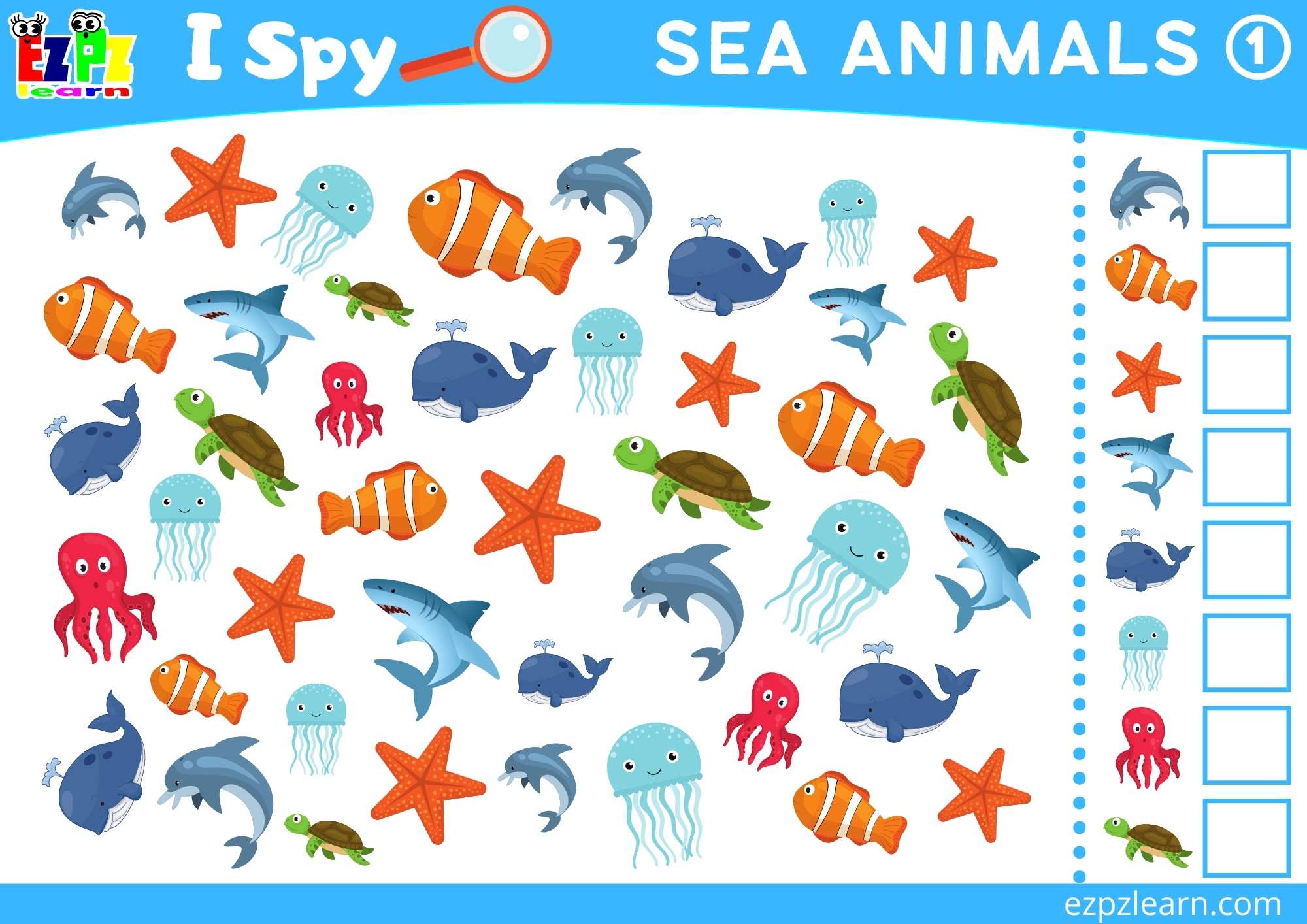 Sea Animals 1 Topic I Spy Game for kids Free PDF Download - Ezpzlearn.com