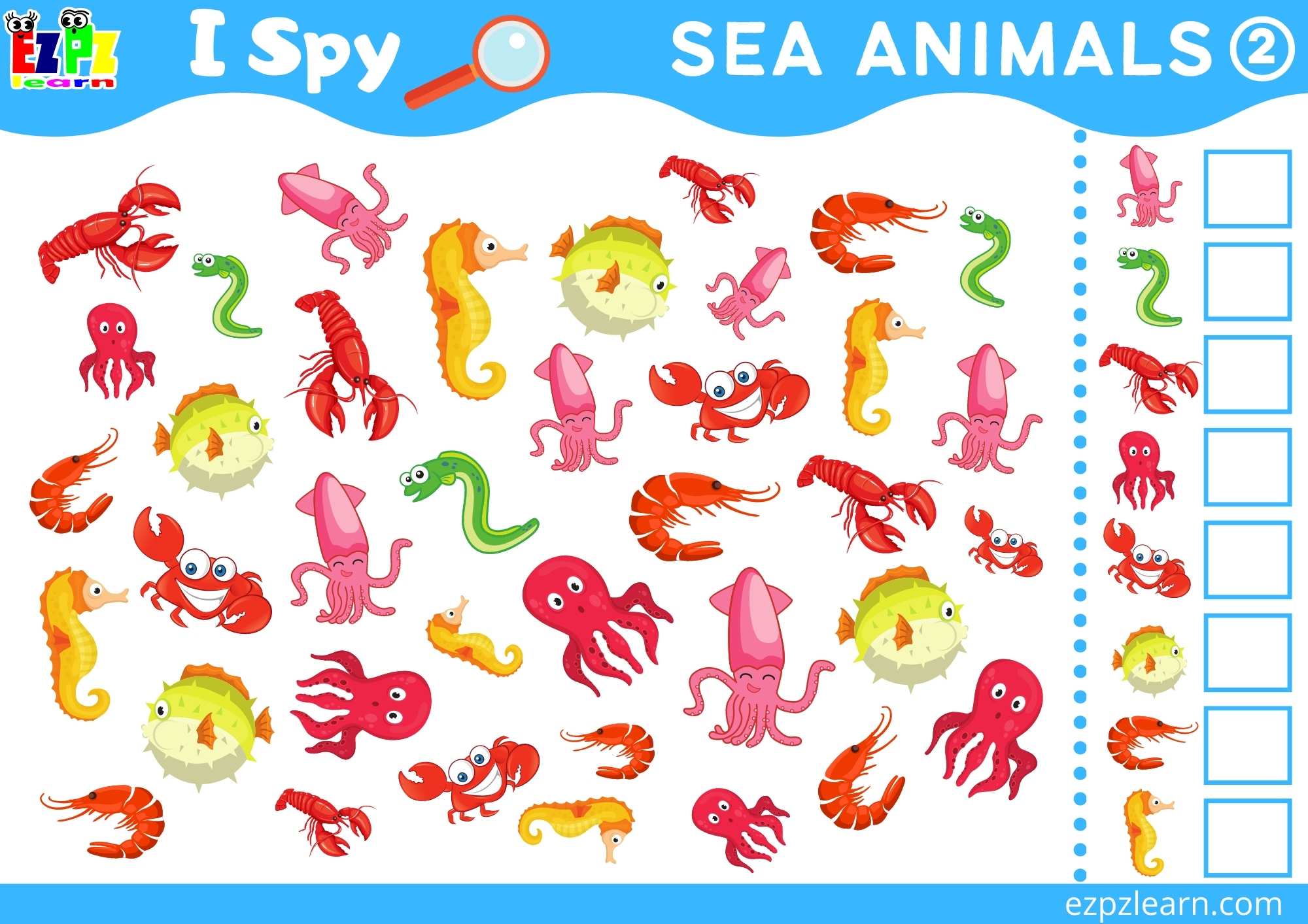 Sea Animals 2 Topic I Spy Game for kids Free PDF Download - Ezpzlearn.com