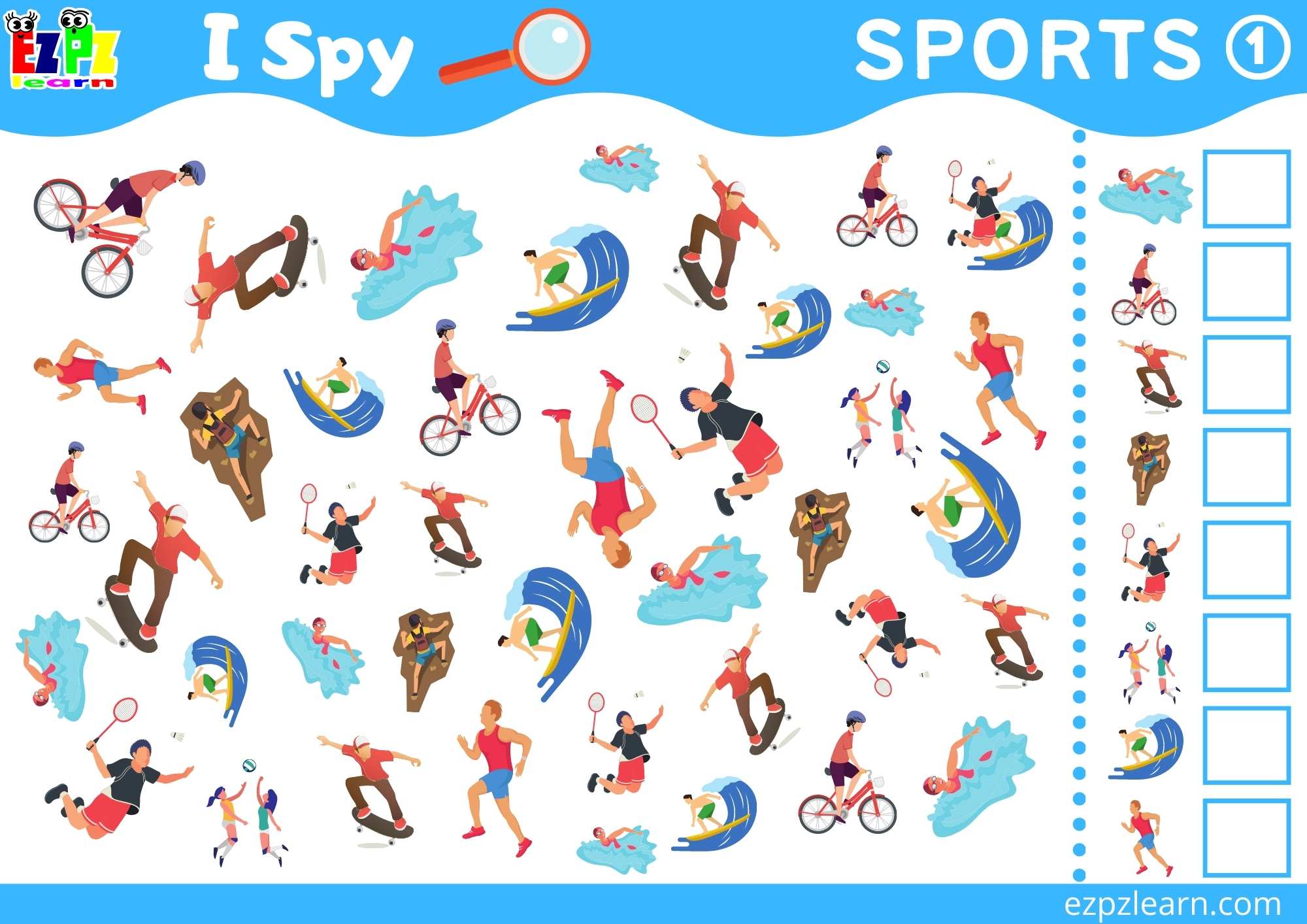 Sports 1 Topic I Spy Game for kids Free PDF Download - Ezpzlearn.com