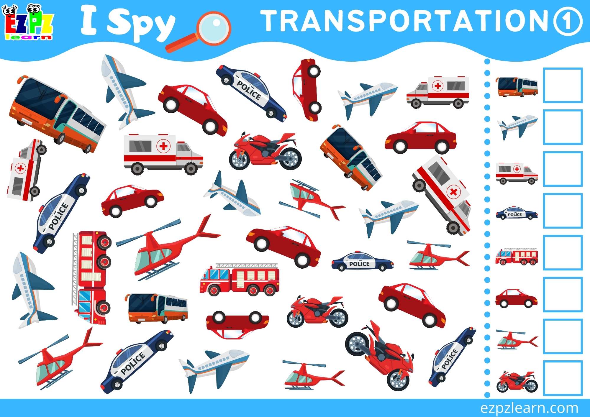 Transportation 1 Topic I Spy Game for kids Free PDF Download ...