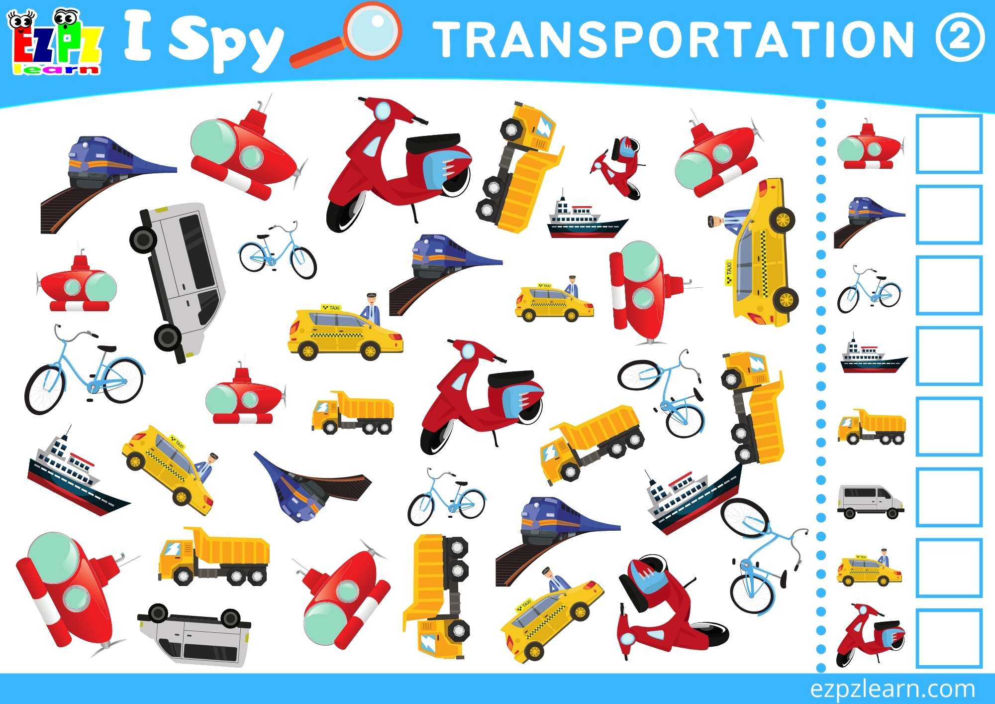 Transportation 2 Topic I Spy Game for kids Free PDF Download ...