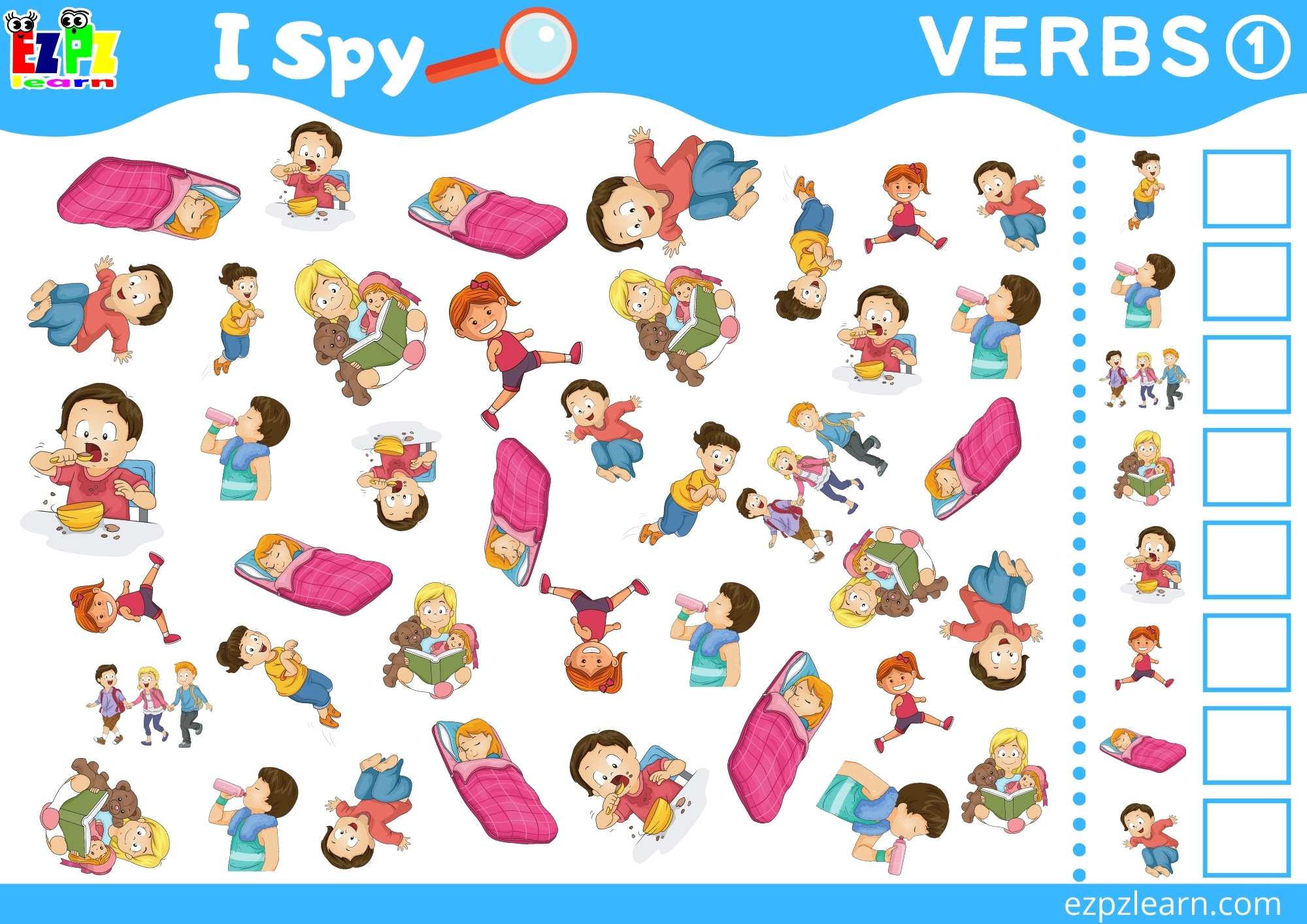 Action Verbs 1 Topic I Spy Game for kids Free PDF Download - Ezpzlearn.com
