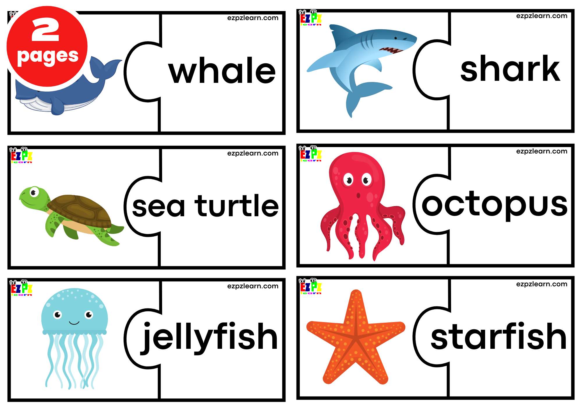 Sea Animals Puzzle Match Game. Large Size 6 Words per page. Free PDF ...