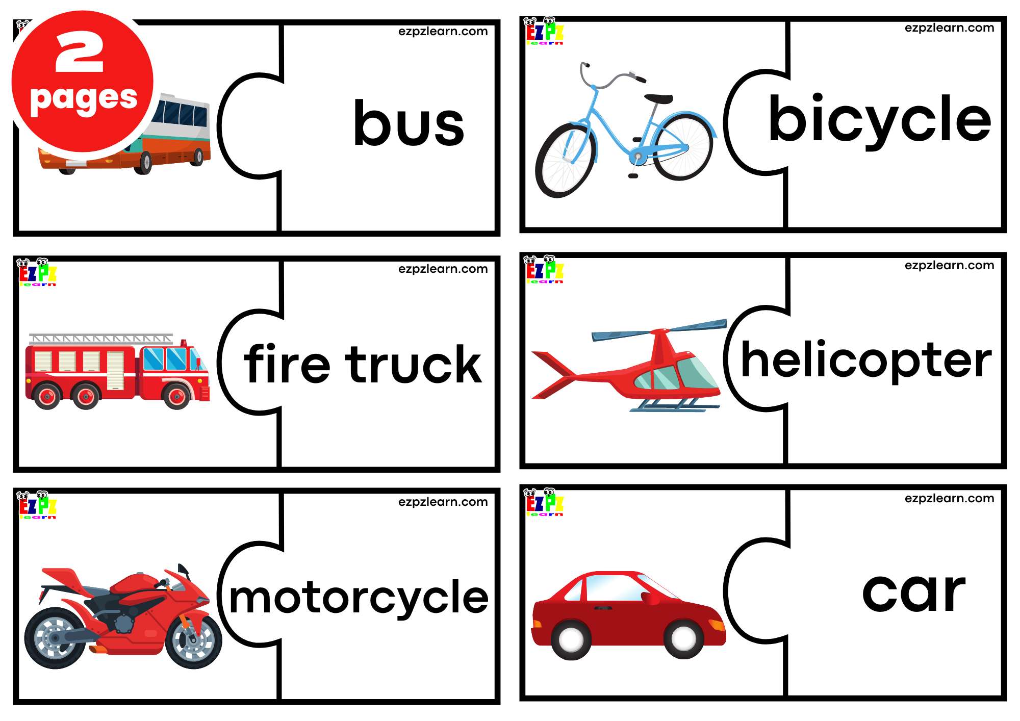 Transportation Puzzle Match Game. Large Size 6 Words per page. Free PDF ...