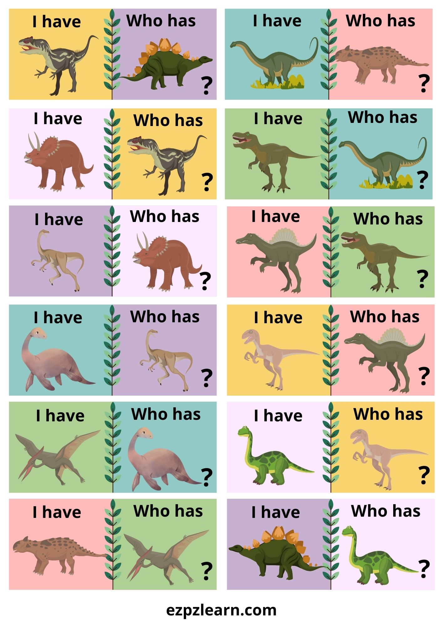 Dinosaurs I have Who has Game - Ezpzlearn.com