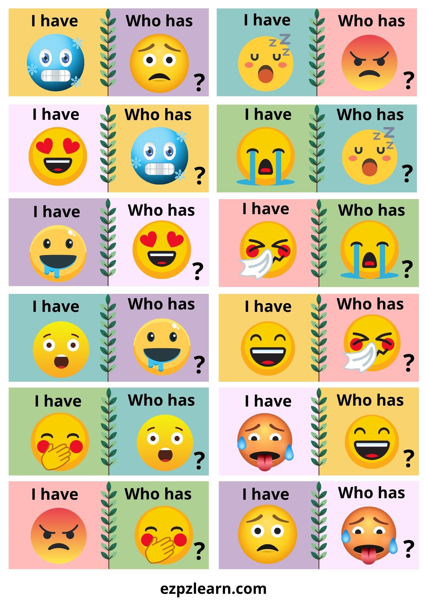 Feelings I have Who has Game - Ezpzlearn.com