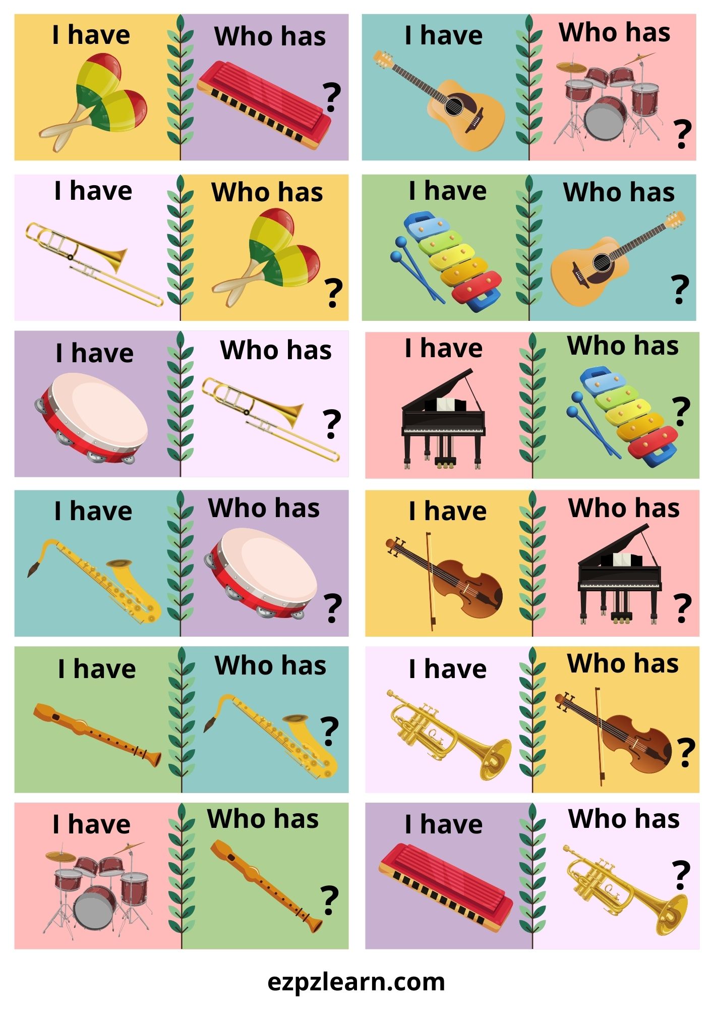 Musical Instruments I have Who has Game - Ezpzlearn.com