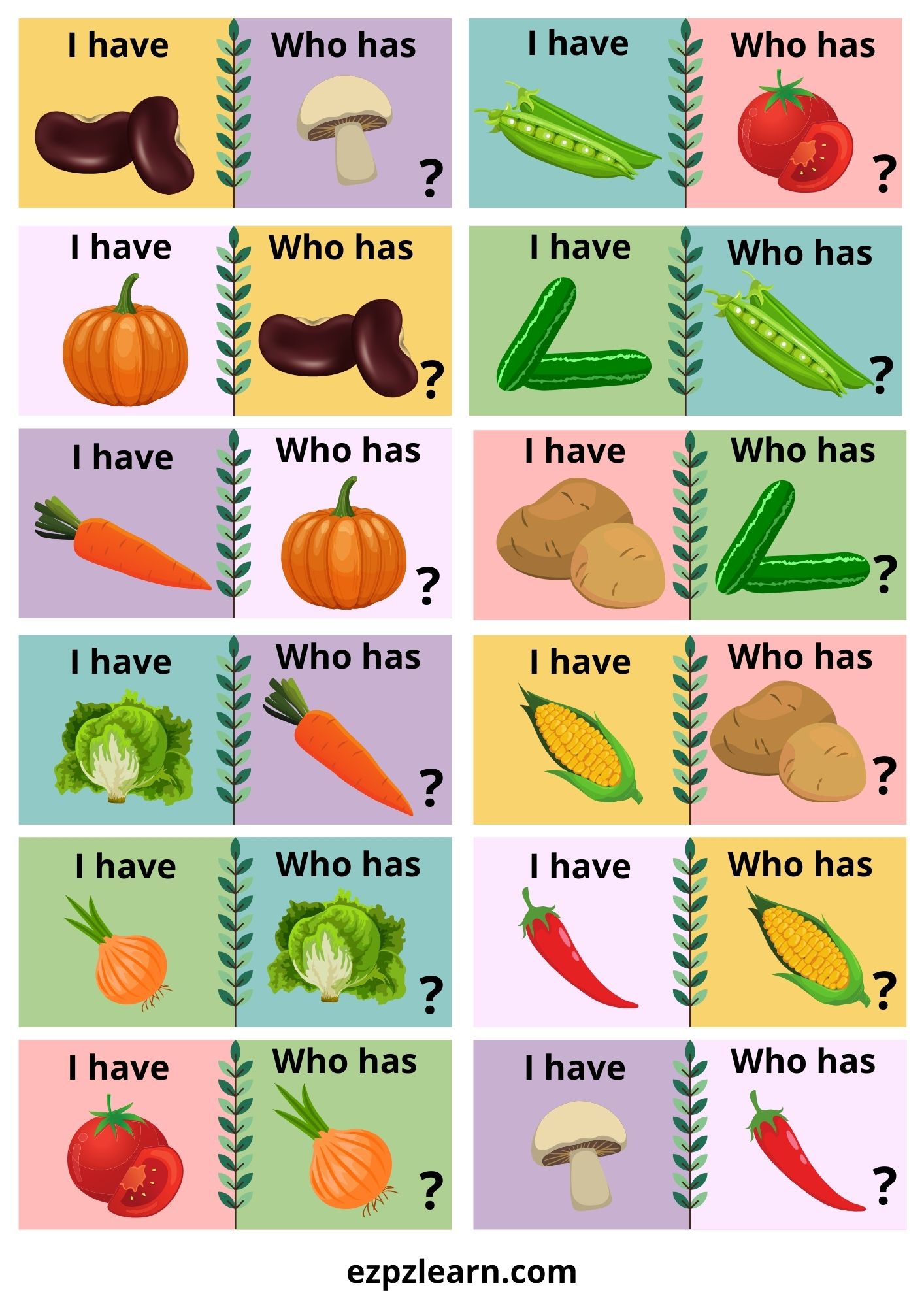Vegetables I have Who has Game - Ezpzlearn.com