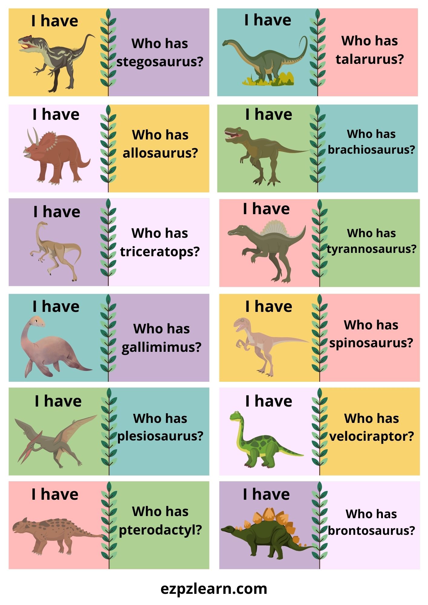 Dinosaurs Who Has Game - Ezpzlearn.com