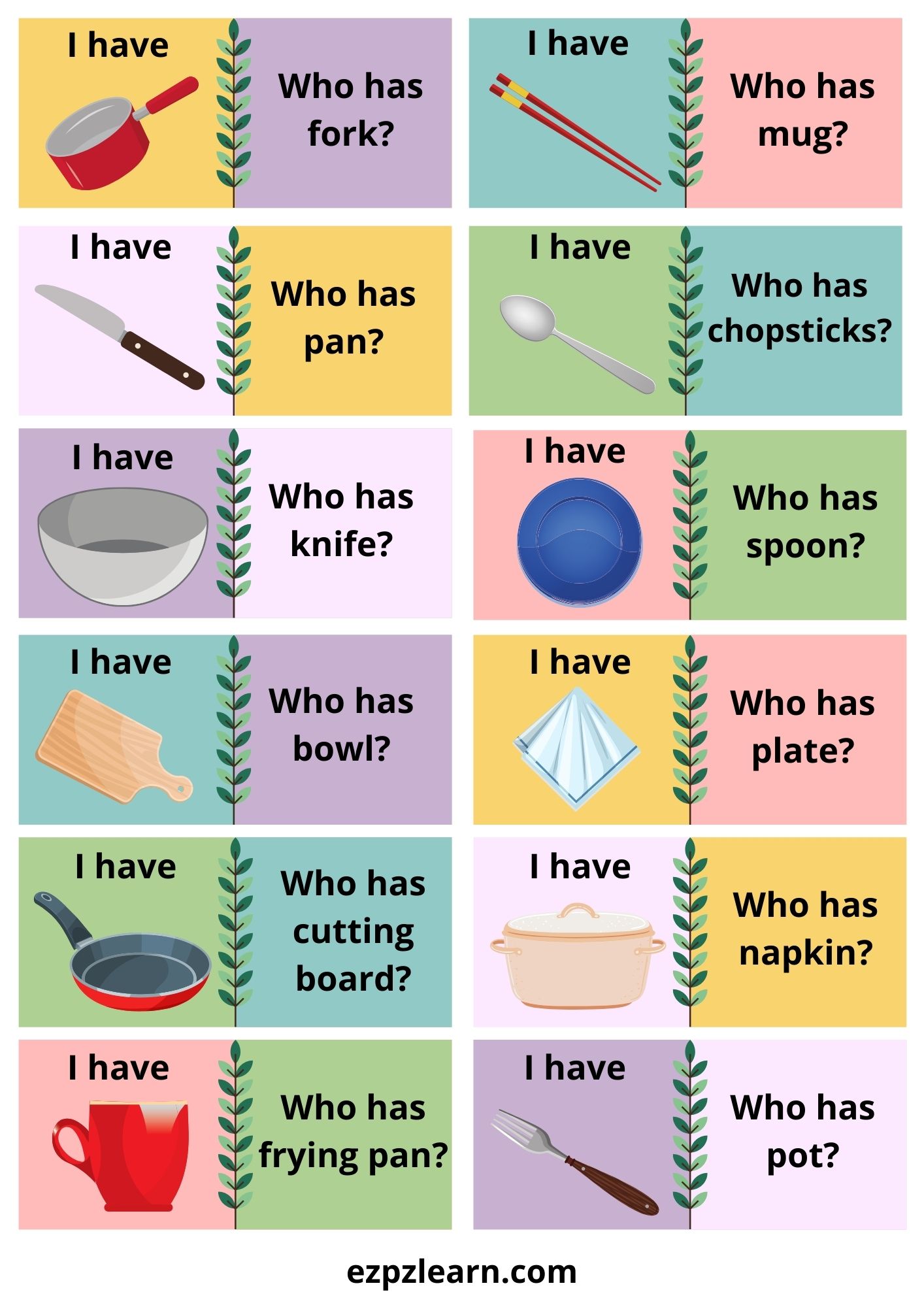 Kitchen Utensils Who Has Game - Ezpzlearn.com