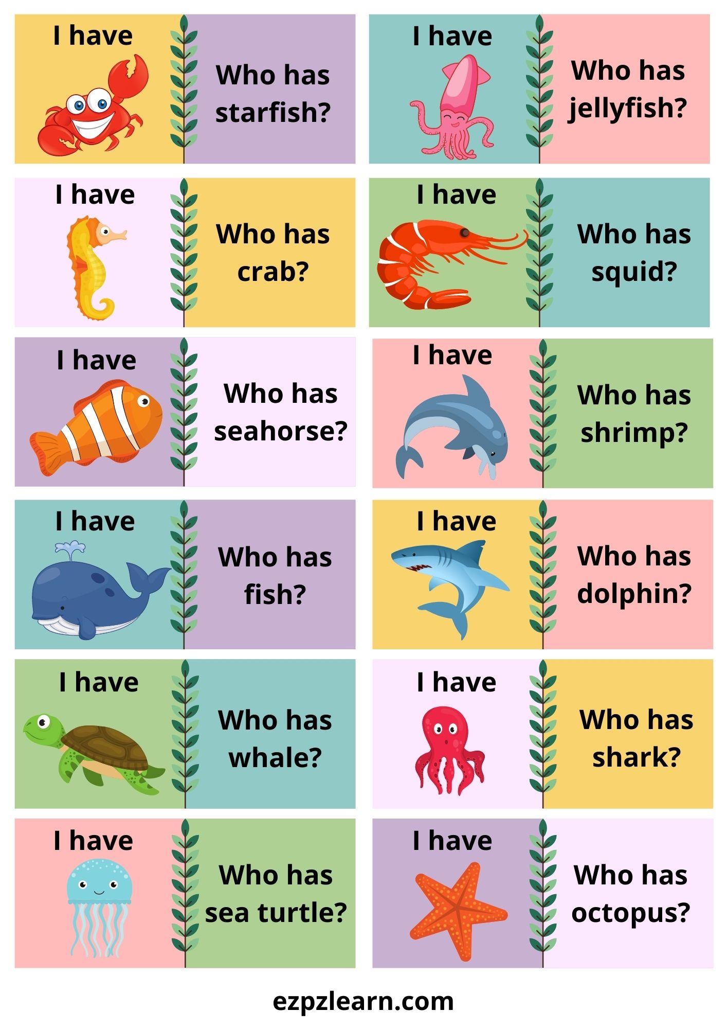 Sea Animals Who Has Game - Ezpzlearn.com