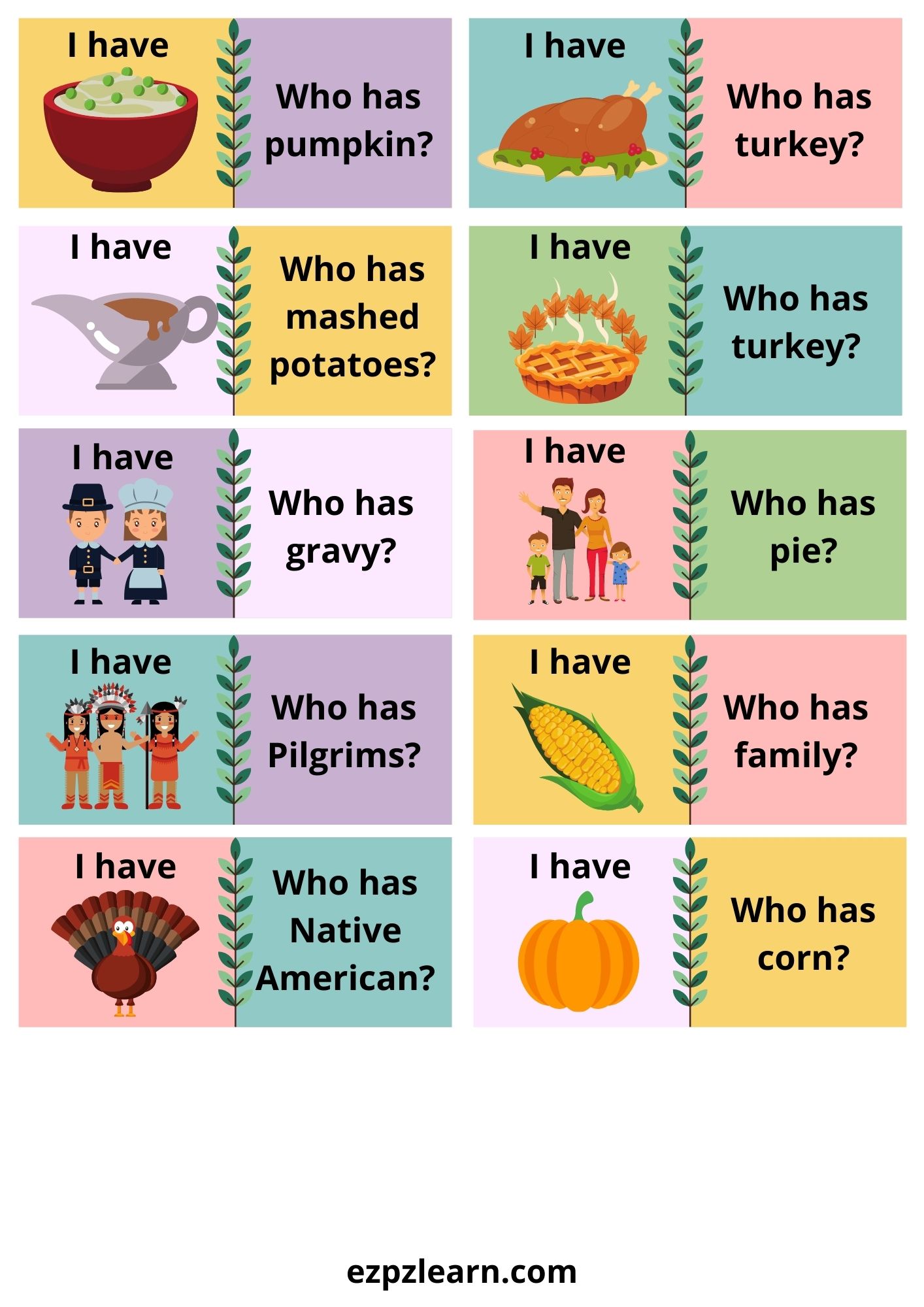 Thanksgiving Who Has Game - Ezpzlearn.com