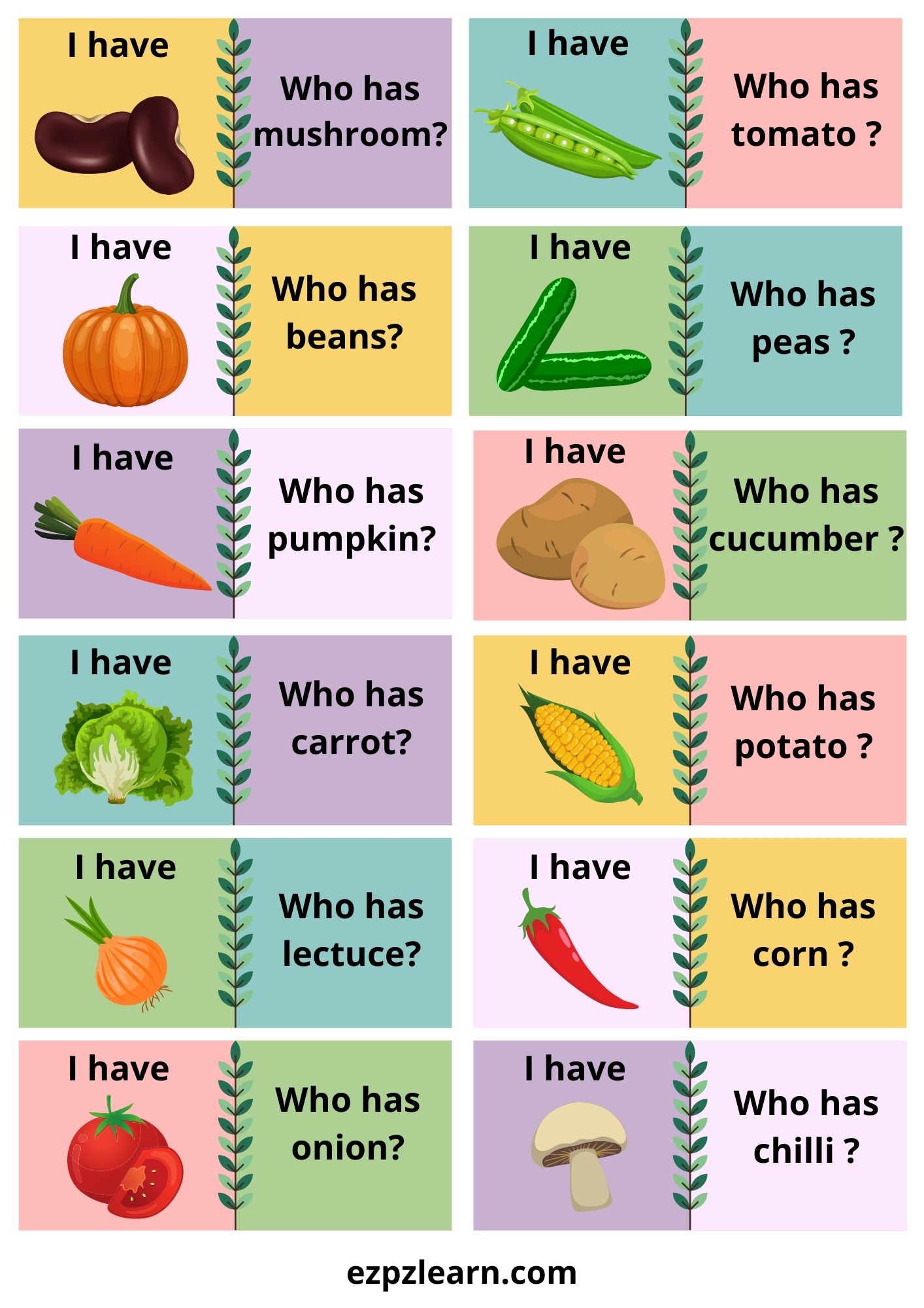 Vegetables Who Has Game - Ezpzlearn.com