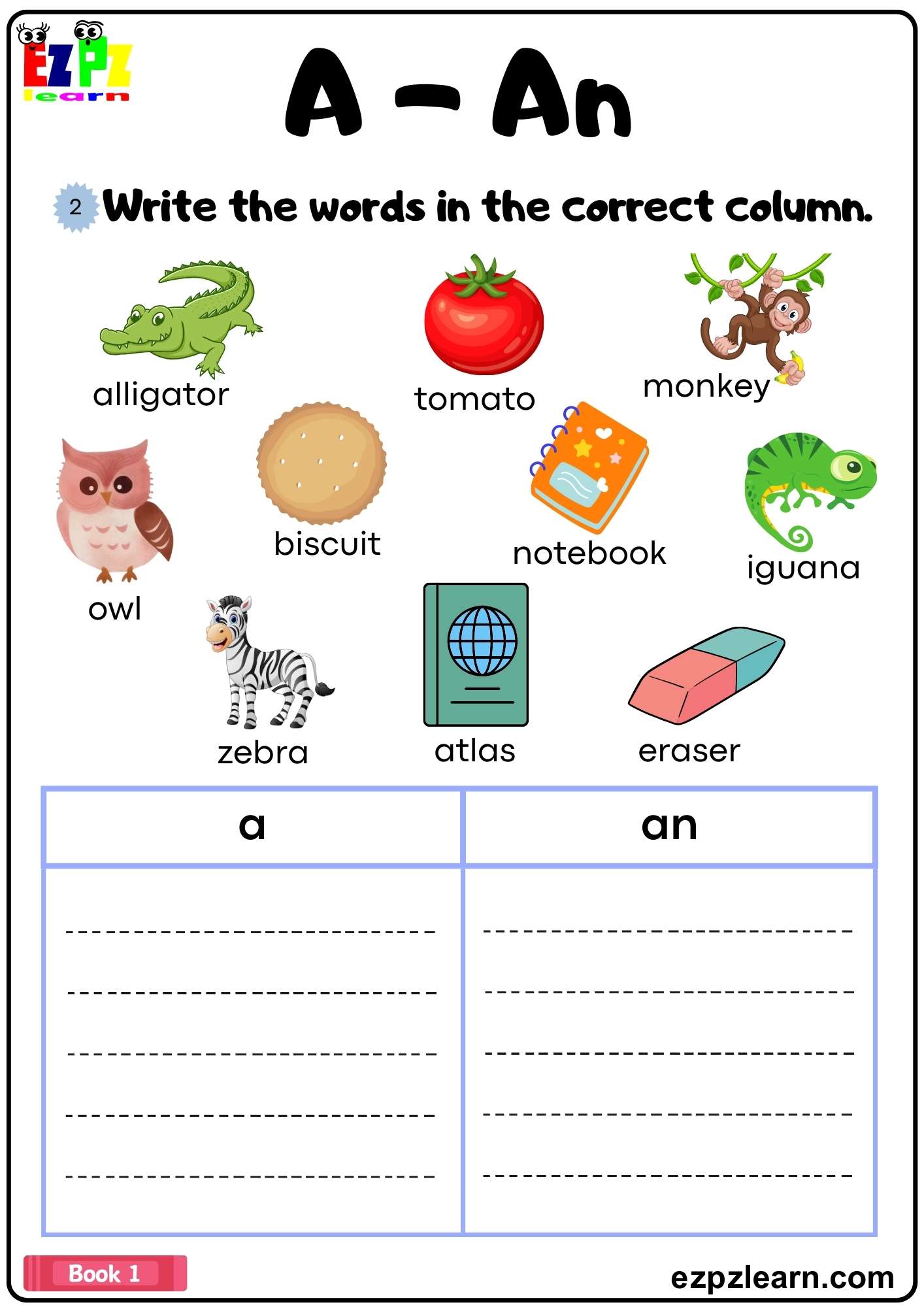 Articles A/ An Write the words in the Correct Column Grammar Worksheet ...