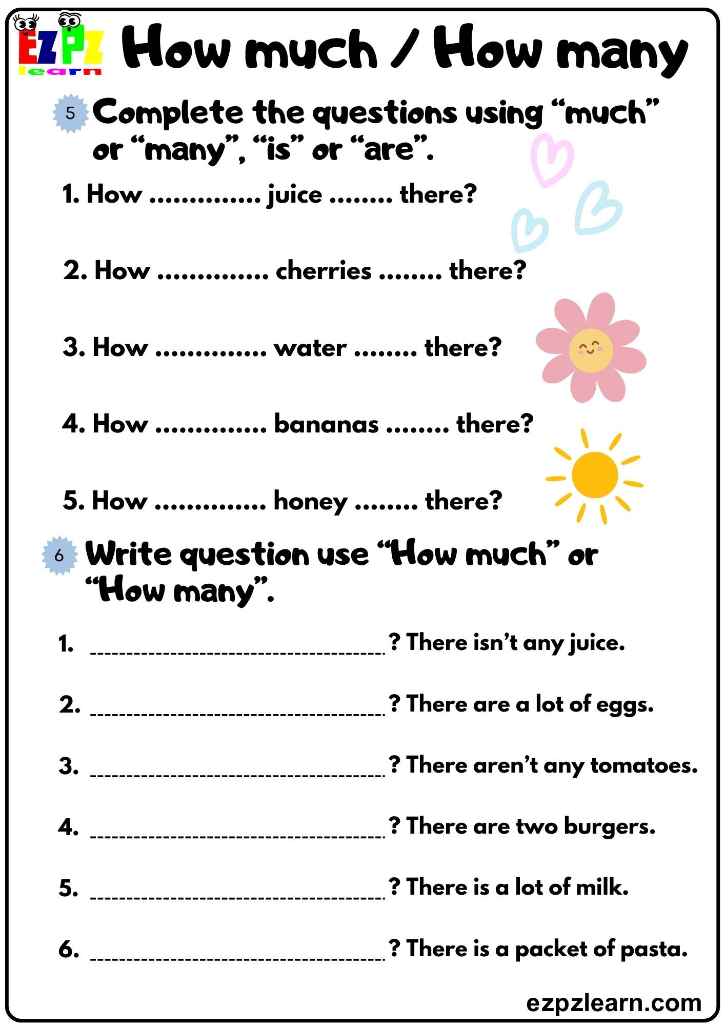 How Much/How Many Countable and Uncountable Nouns Complete the ...