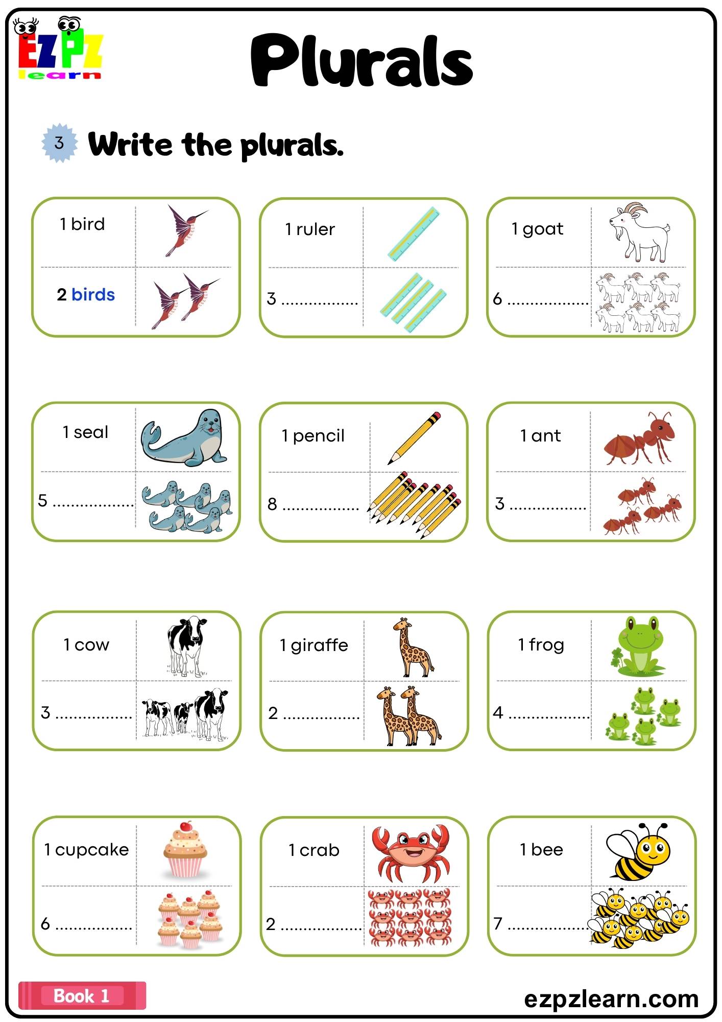 Plural Nouns Write the Correct Words Worksheet Book 1 - Ezpzlearn.com