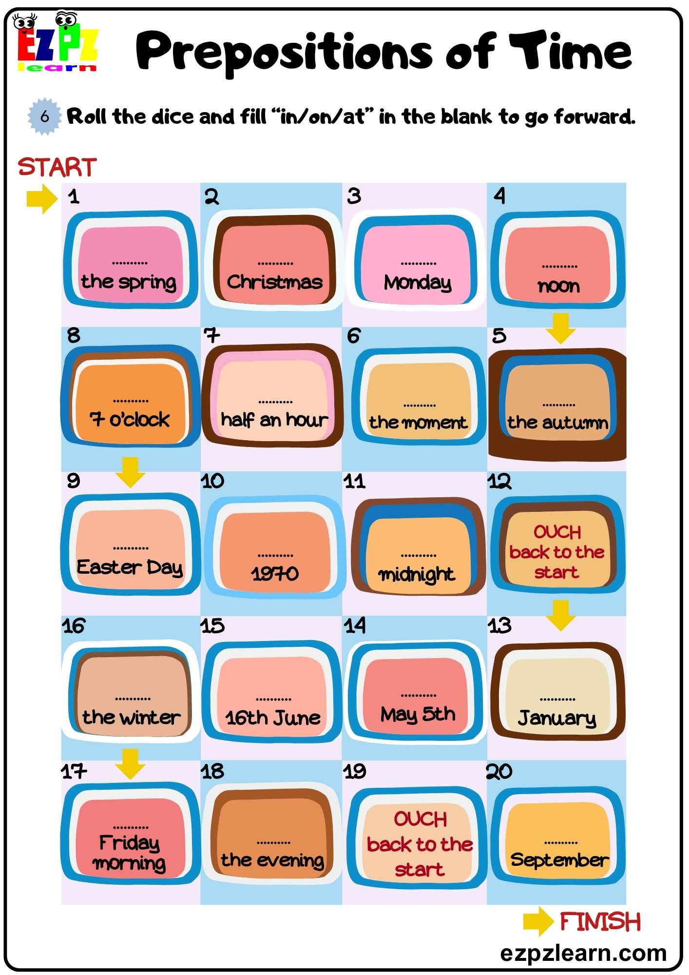 Prepositions of Time Board Game for Kids Grammar Activity Bk1 pdf ...