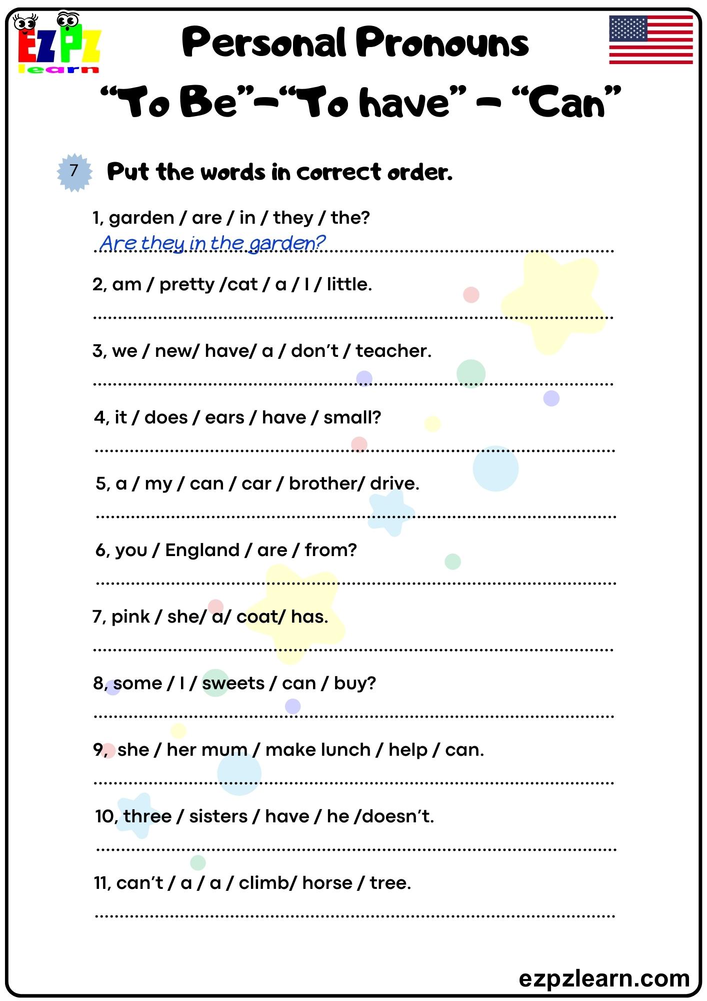 Personal Pronouns Put the words in correct order American English ...