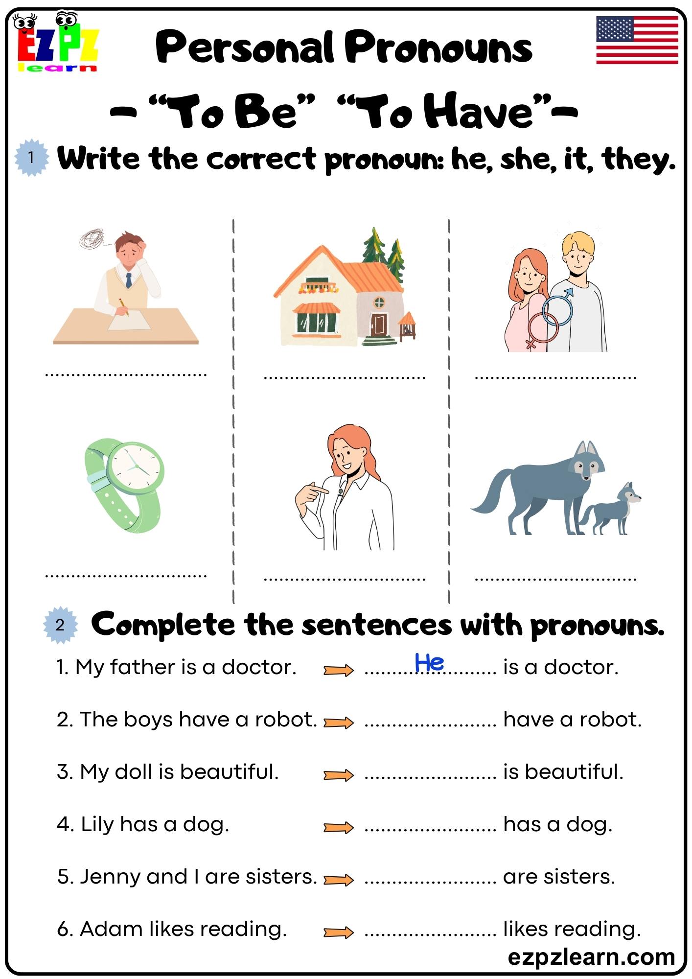 Personal Pronouns "To Be" "To Have" American English Free Printable pdf ...