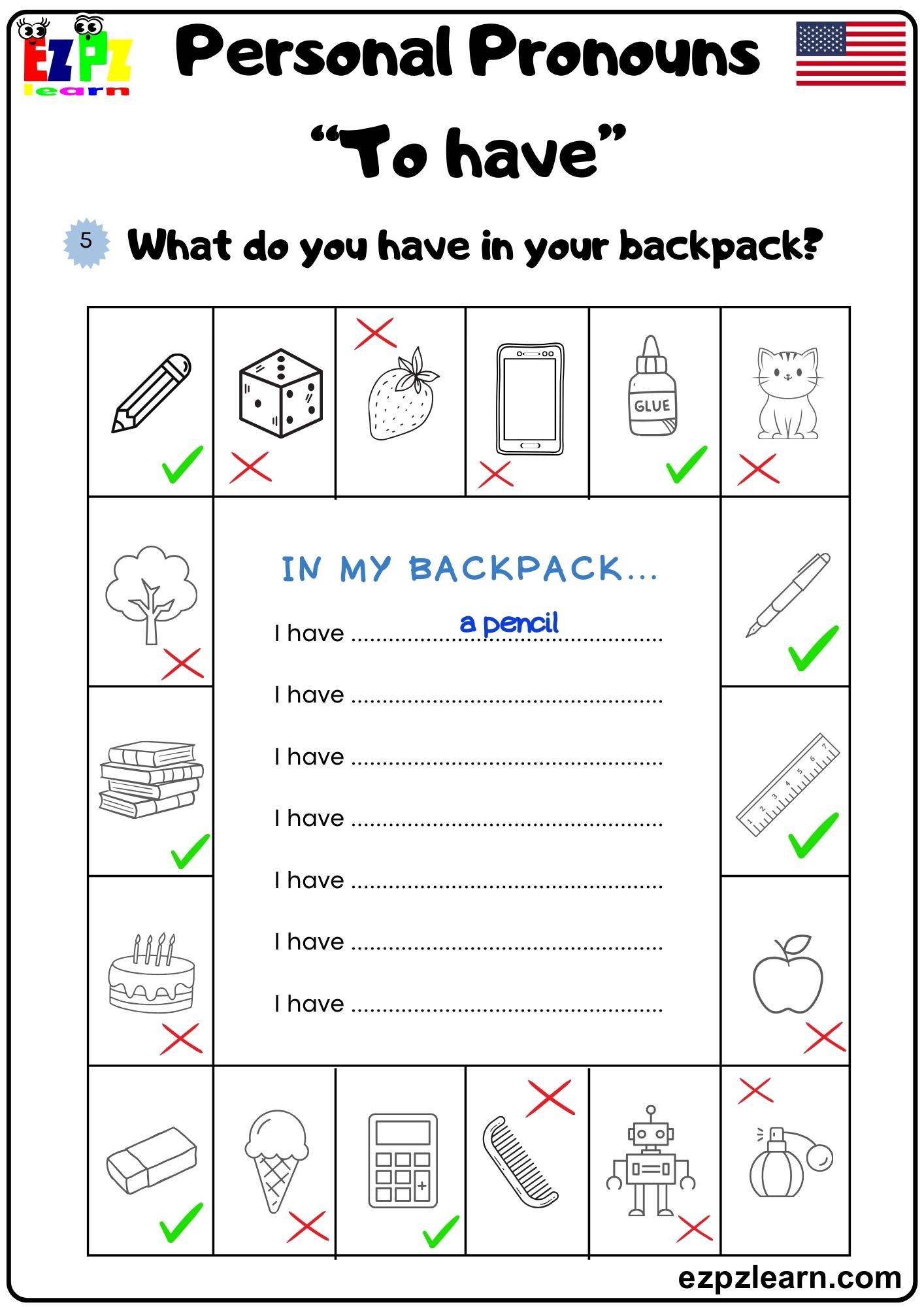 Personal Pronouns "To Have" American English Printable pdf - Ezpzlearn.com