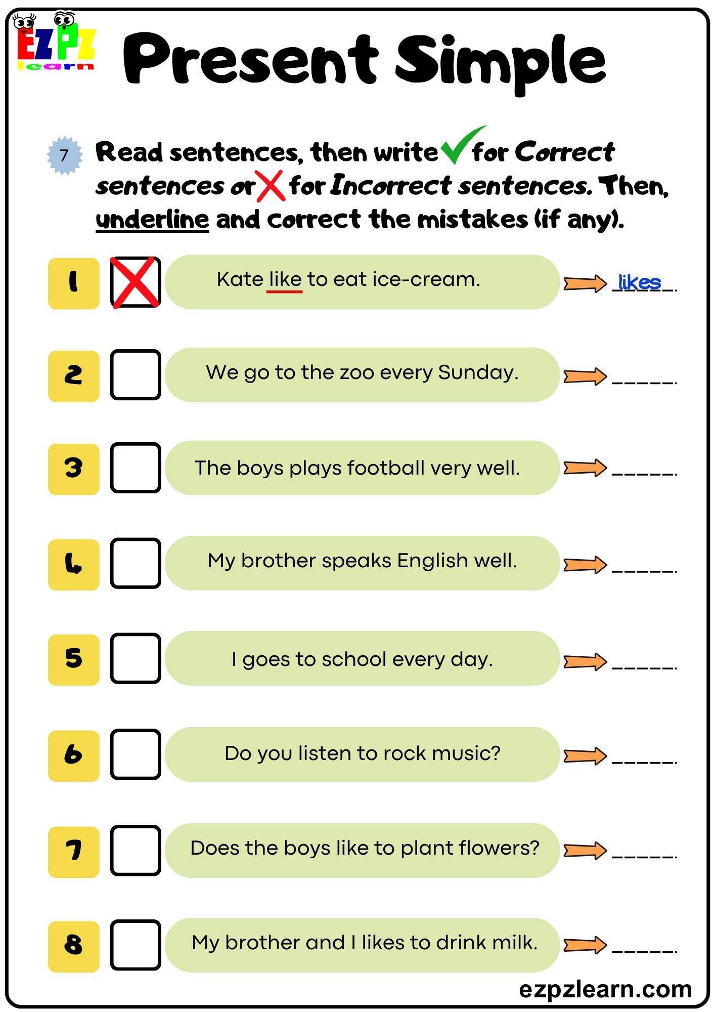 Simple Present Tense Worksheet Free PDF download - Ezpzlearn.com
