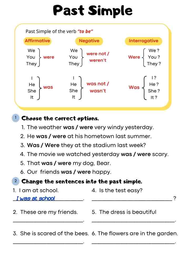Past Simple of “To Be” Worksheet – Affirmative, Negative & Questions ...