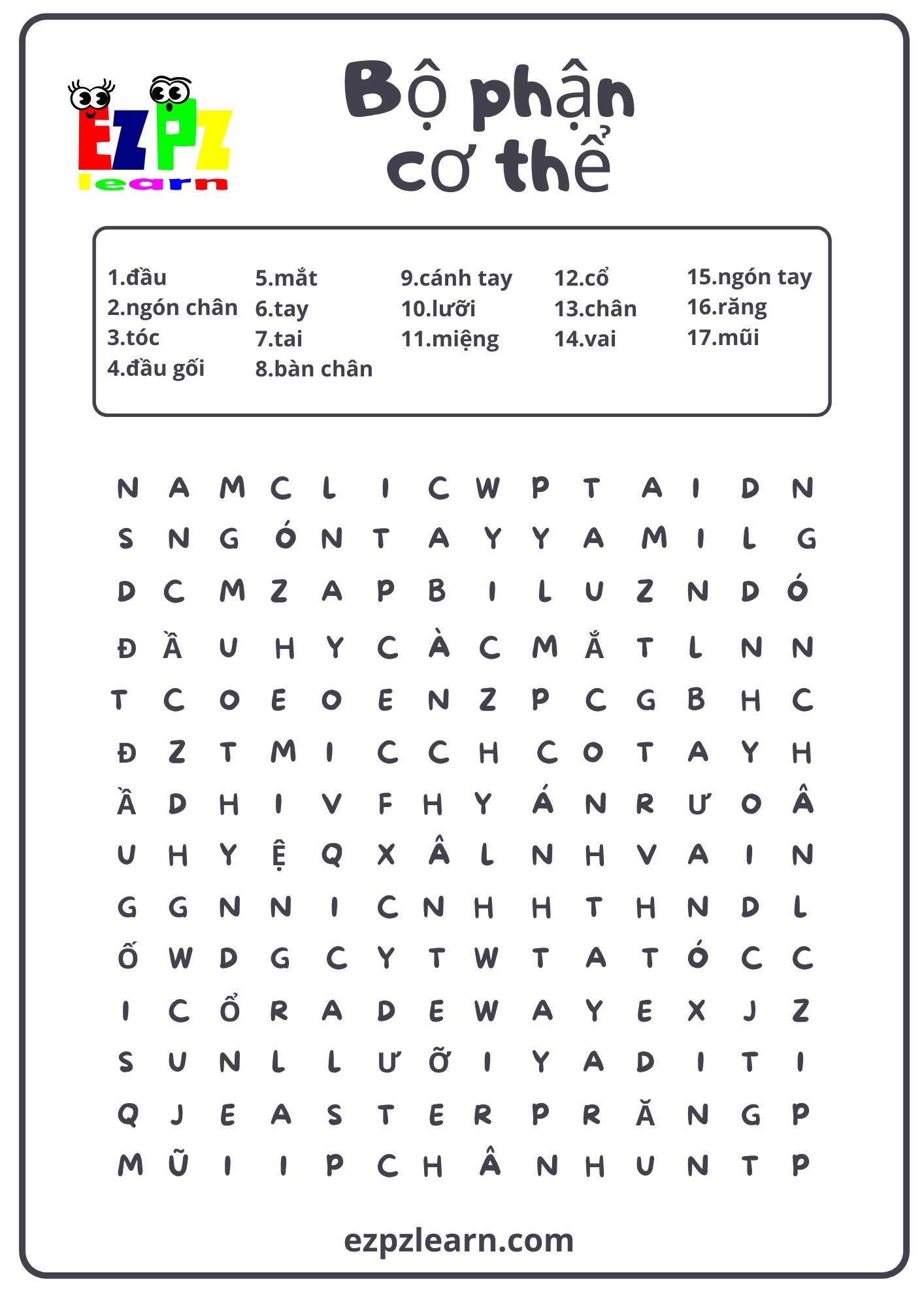 Body Word Search - Ezpzlearn.com