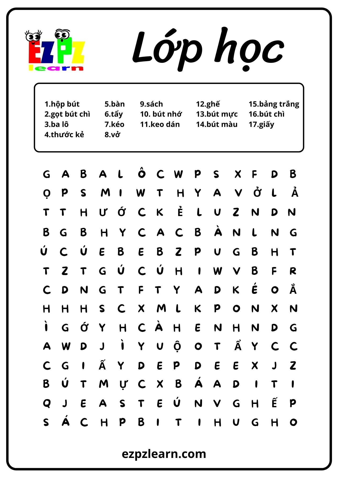 Classroom Objects Word Search - Ezpzlearn.com