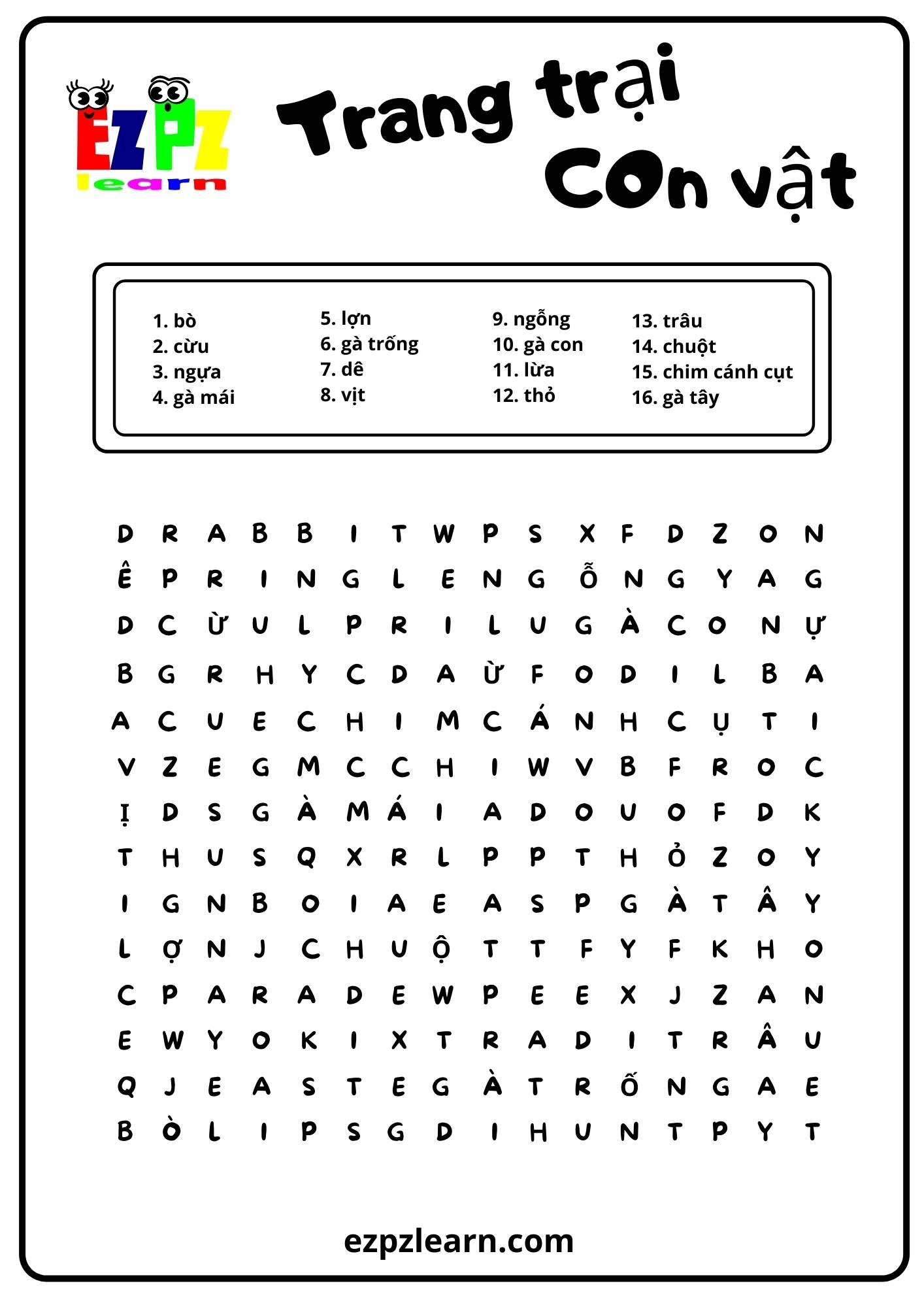 Farm Animals Word Search - Ezpzlearn.com