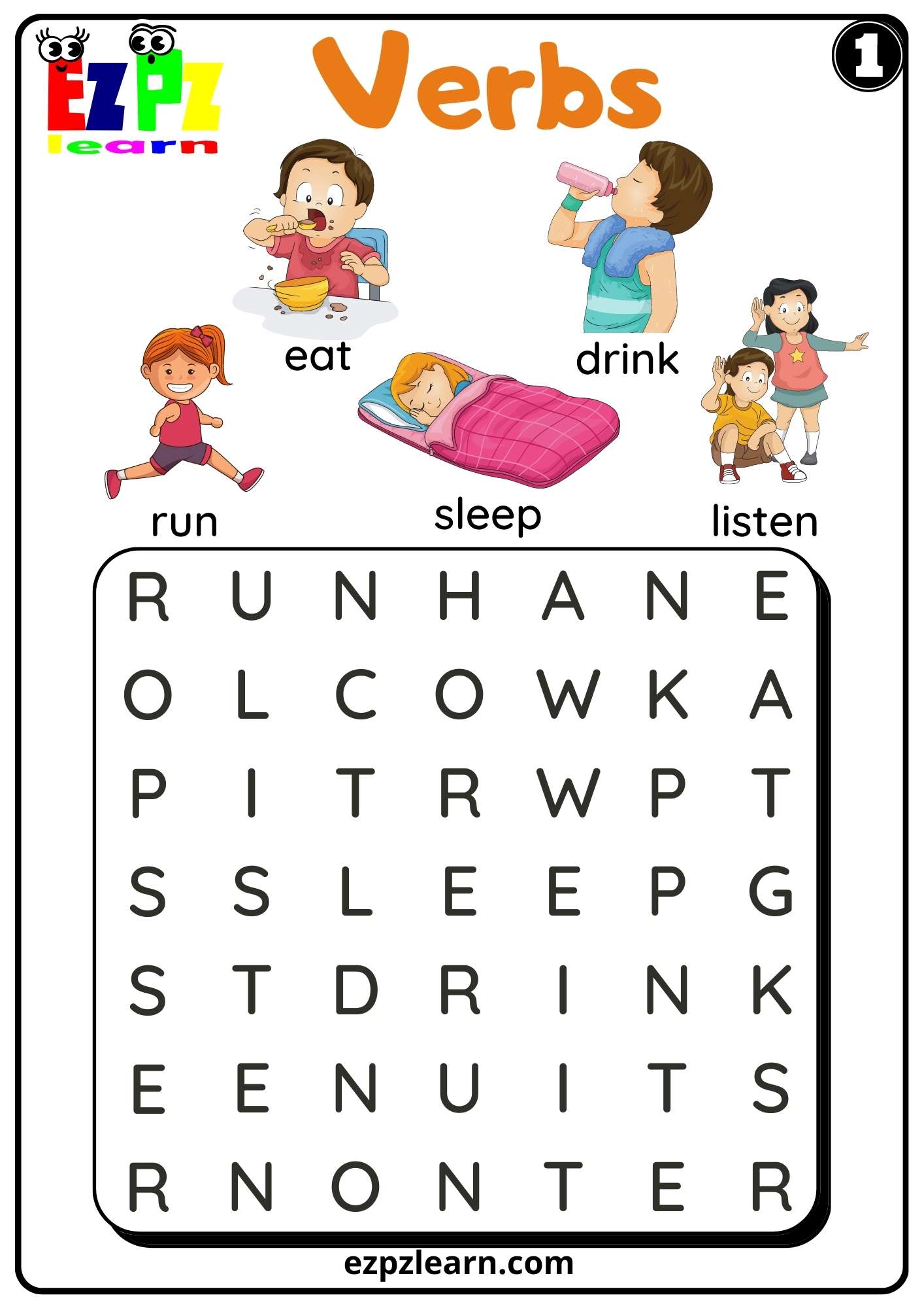 Verbs Word Search Worksheet for ESL and Home Schooling Kindergarten Set ...